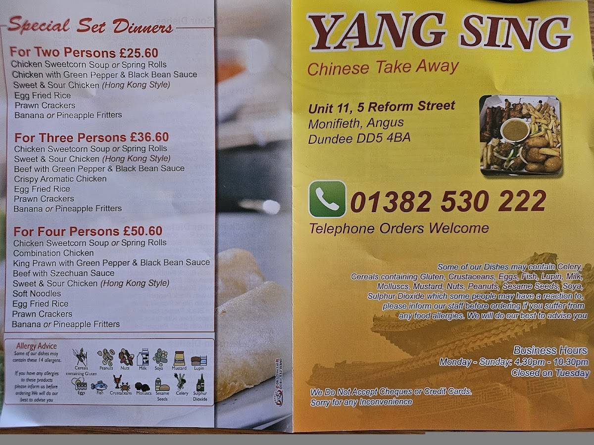 Menu at Yang Sing fast food, Dundee, 13 Reform St