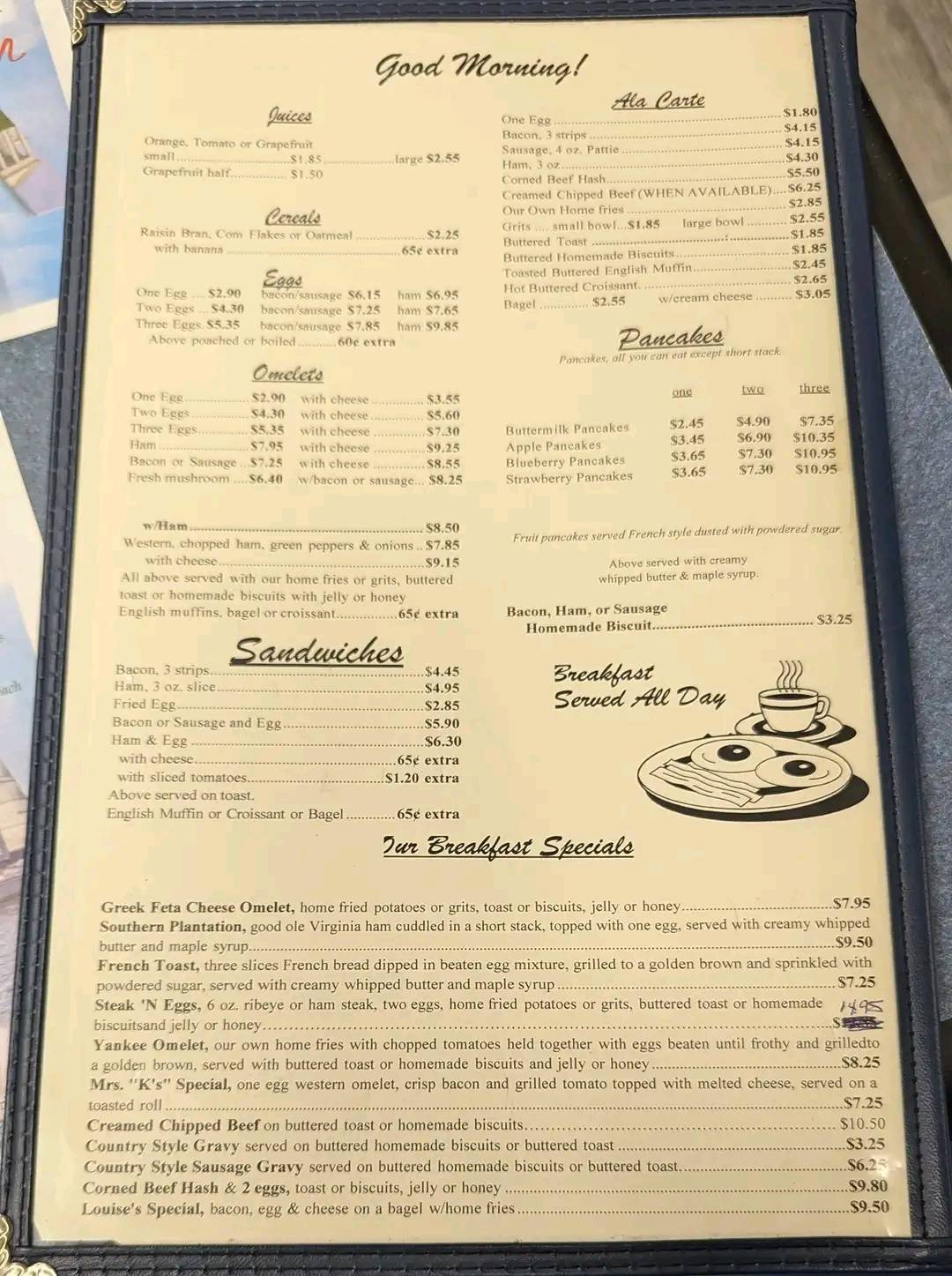 Menu at Yankee Coffee Shop restaurant, Petersburg