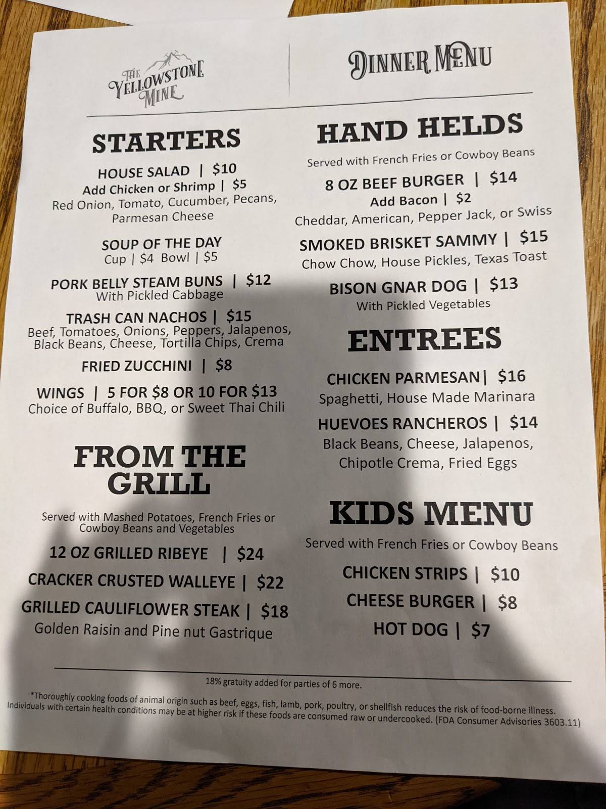 Menu at Yellowstone Mine restaurant, Gardiner