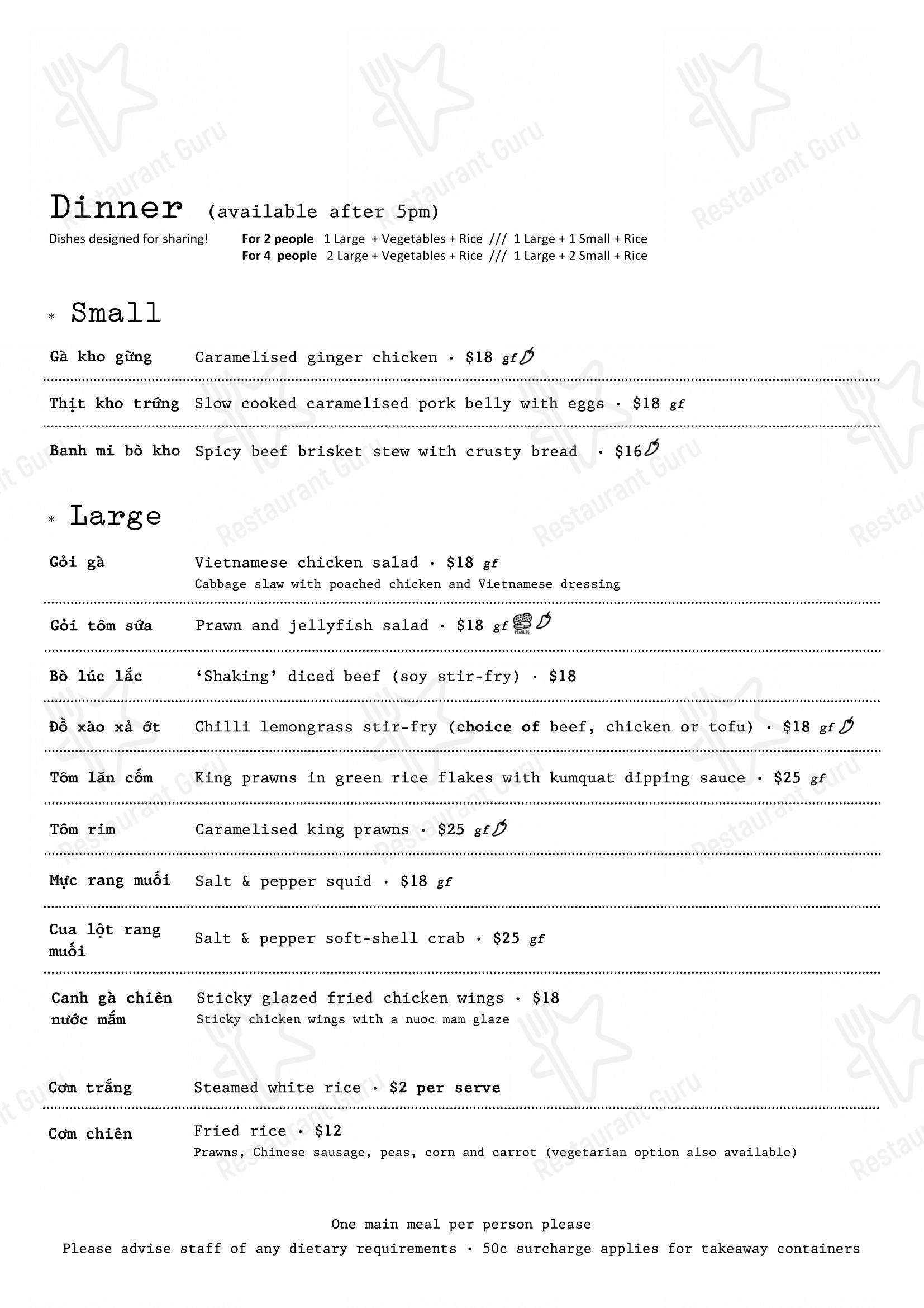 Menu at Yen Linh restaurant, Croydon Park, 131 Days Rd