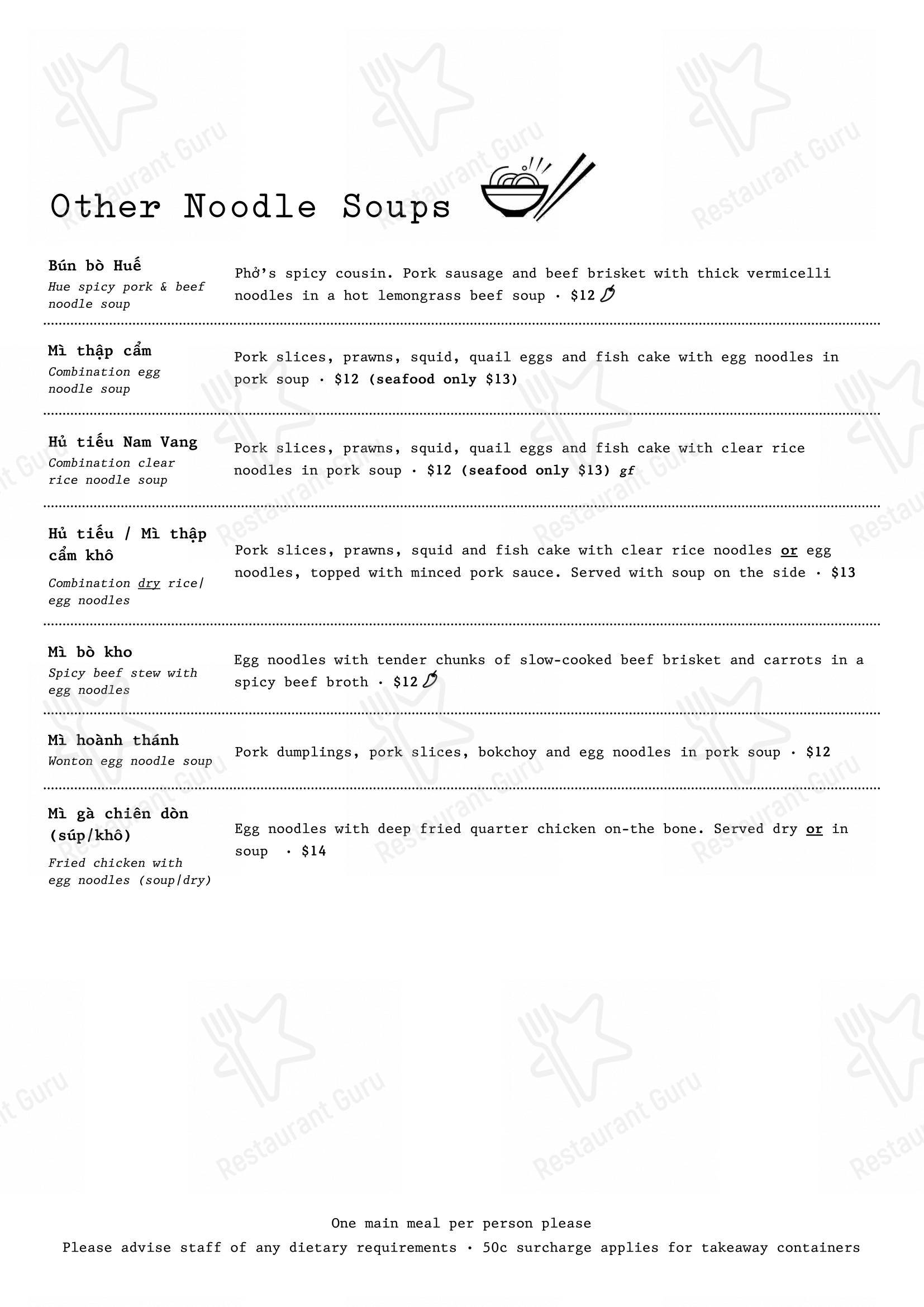 Menu at Yen Linh restaurant, Croydon Park, 131 Days Rd
