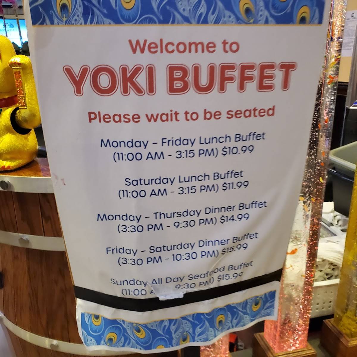 Menu at Yoki Buffet restaurant, Louisville