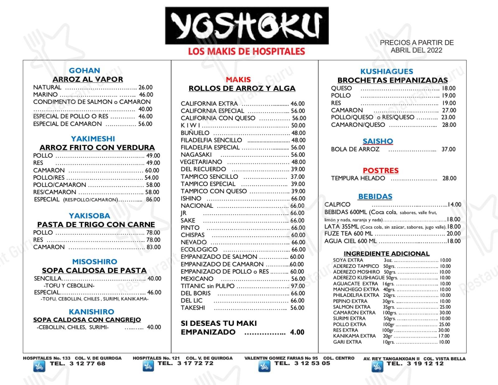 Carta del restaurante Yoshoku (Santa María), Morelia