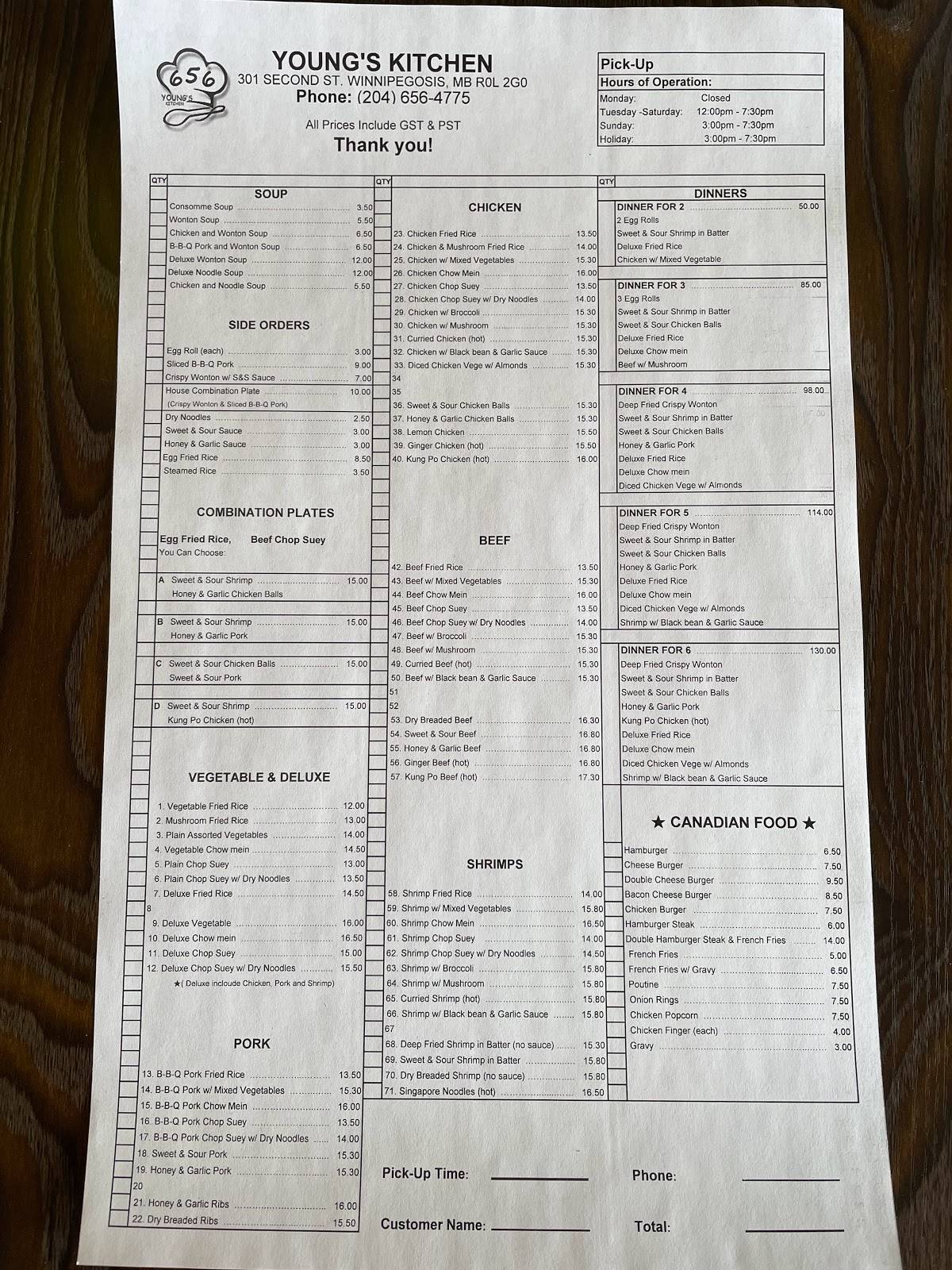 Menu at Young's Kitchen restaurant, Winnipegosis