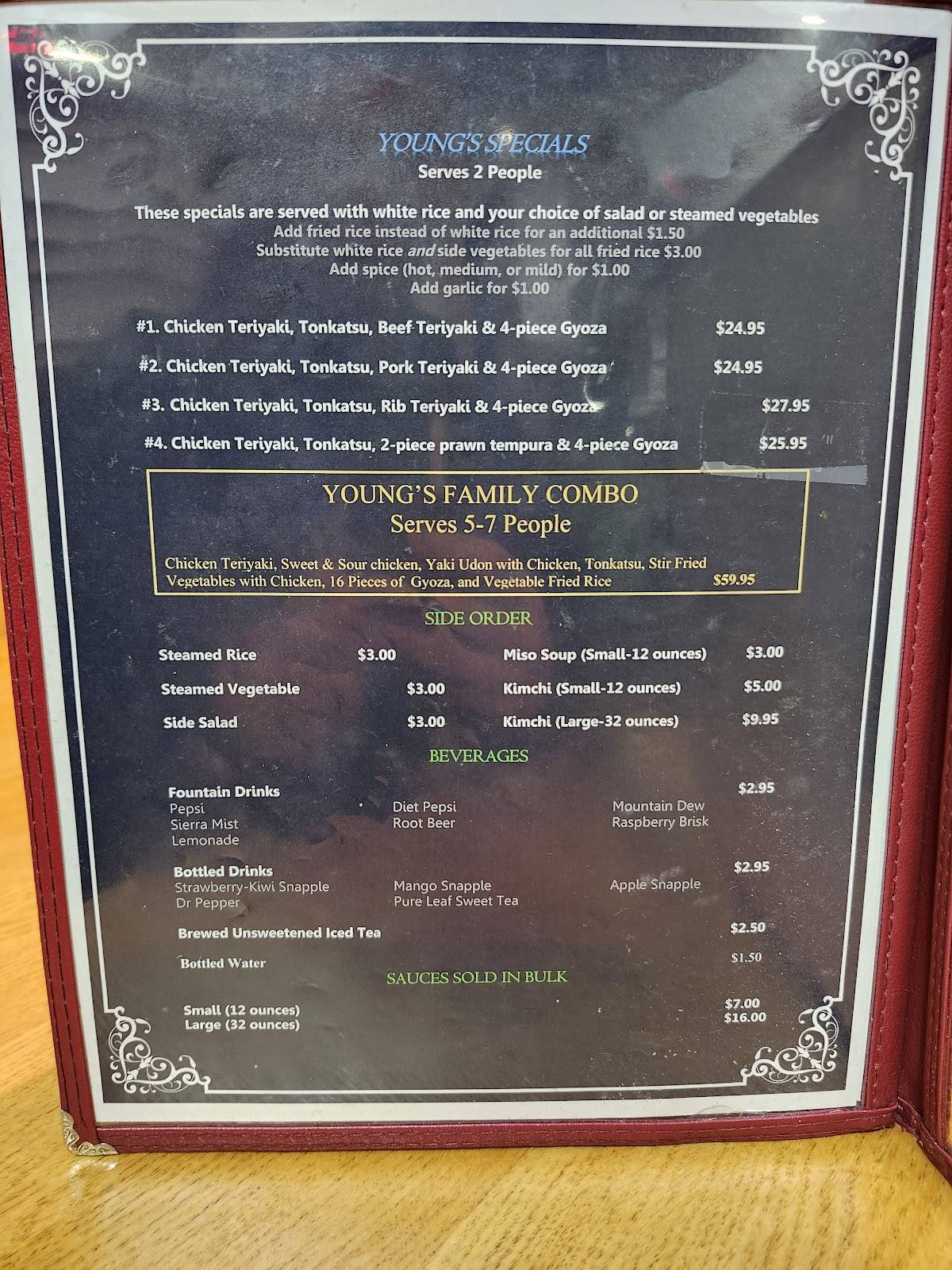Menu at Young's Teriyaki restaurant, Yelm