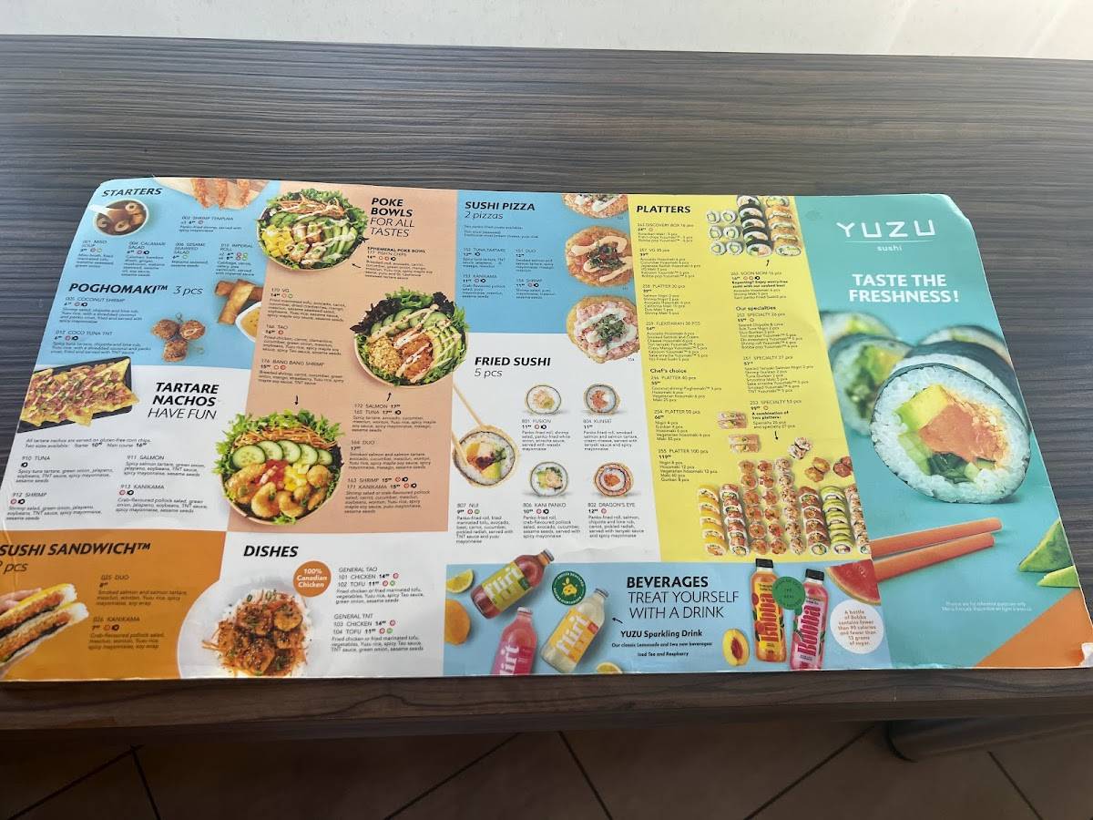 Menu au Yuzu sushi restaurant, Rivière-du-Loup