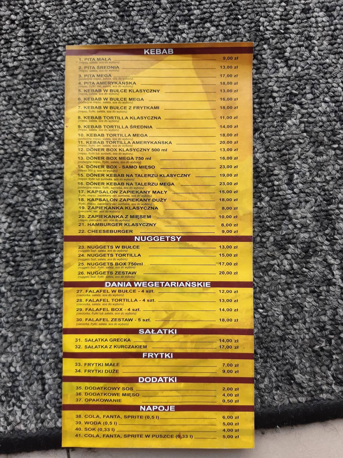 Menu at ZAZA DÖNER KEBAB restaurant, Gorlice
