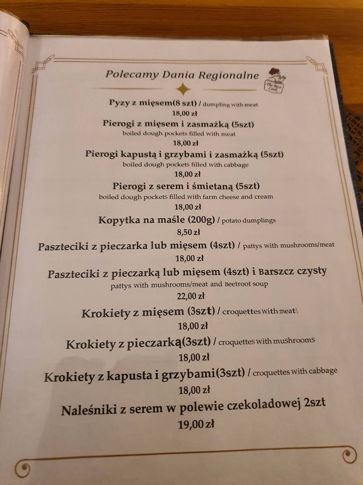 Menu at Zabytkowa. Restauracja restaurant, Ostroleka
