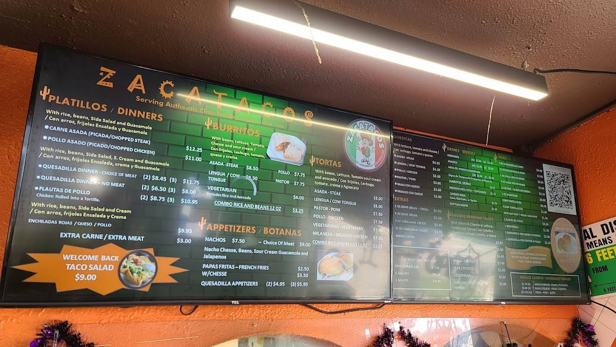 Menu at Zacatacos restaurant, Berwyn, S Harlem Ave