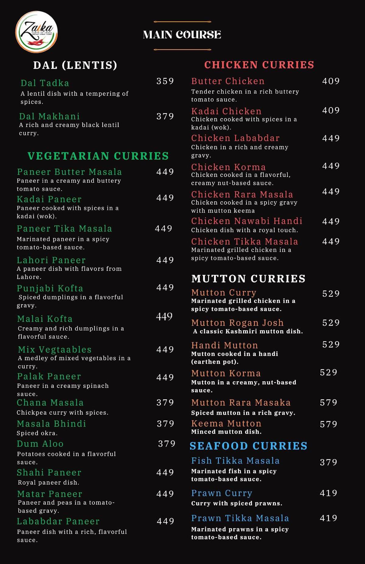 Menu at Zaika Restaurant, Santo Tomas