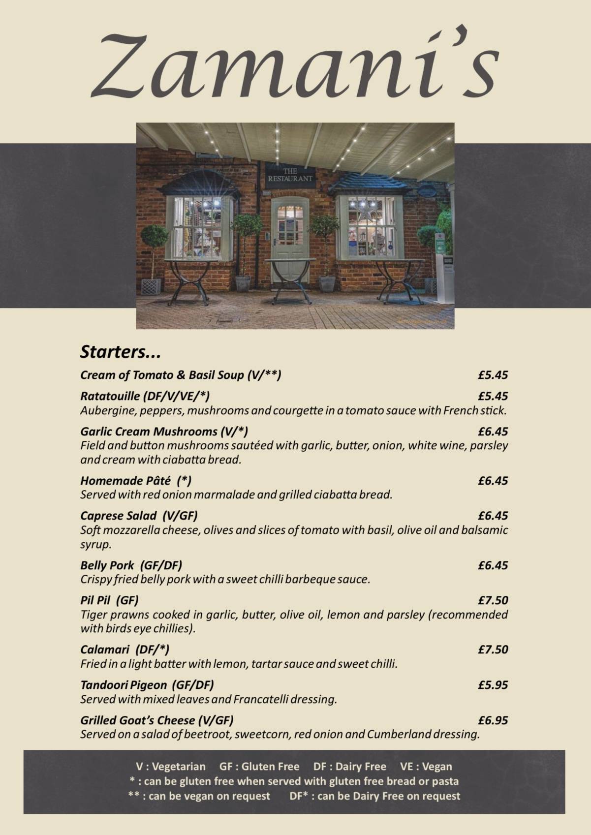 Menu at Zamani's Restaurant, Ashby-de-la-Zouch, 11