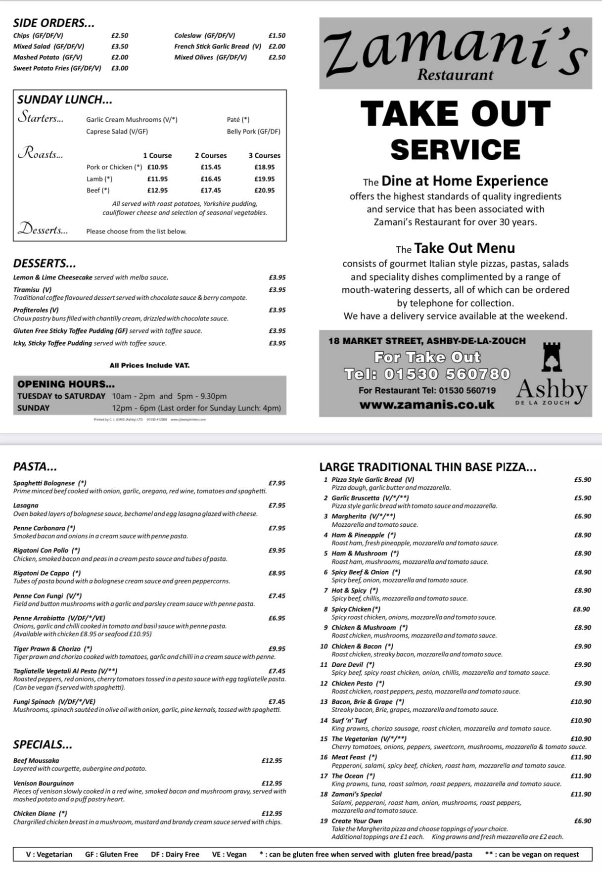 Menu at Zamani's Restaurant, Ashby-de-la-Zouch, 11