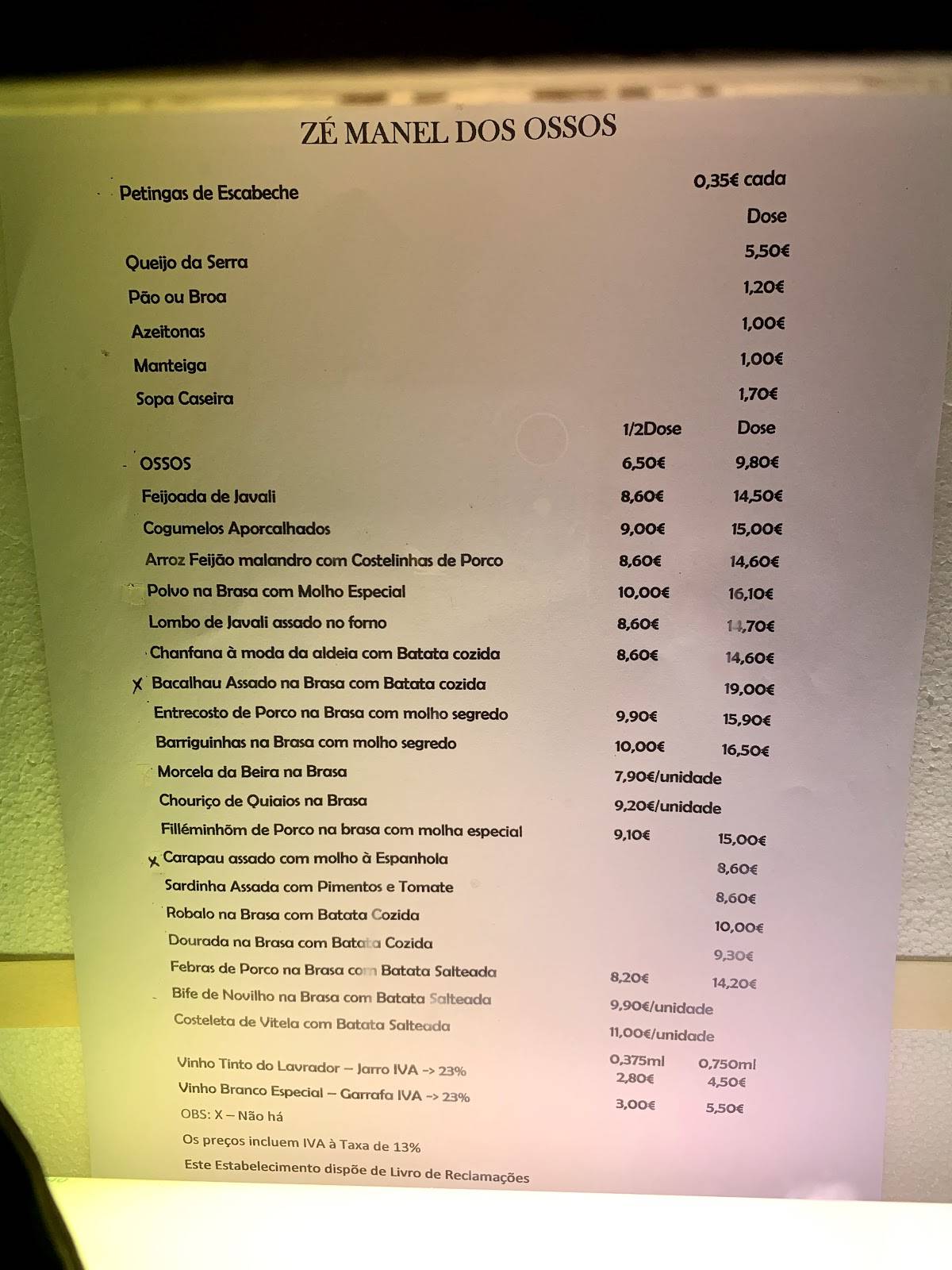 Menu at Restaurante Zé Manel dos Ossos, Coimbra