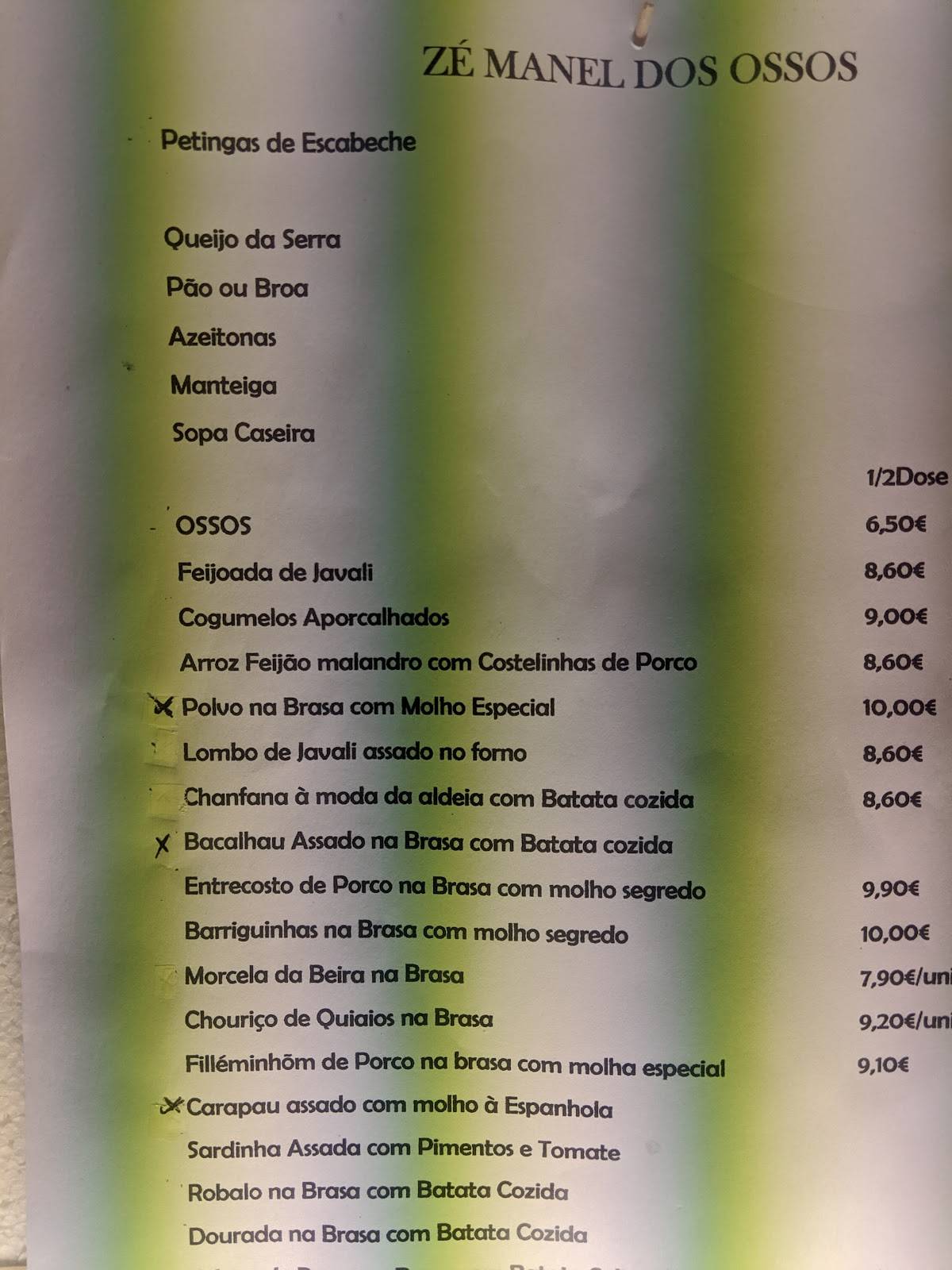 Carta del restaurante Zé Manel dos Ossos, Coimbra