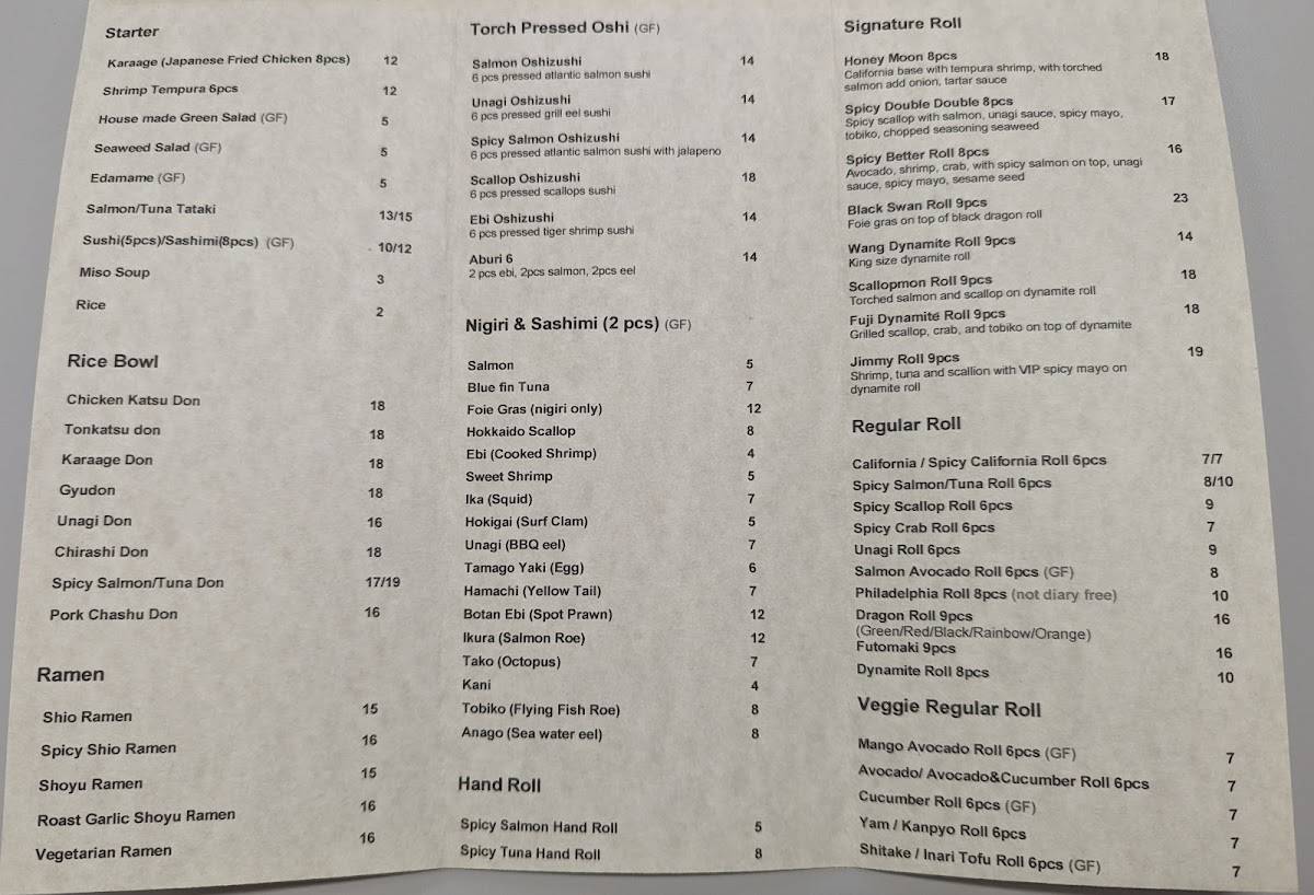 Menu au Zen Kyoto - Bay Adelaide Centre restaurant, Toronto