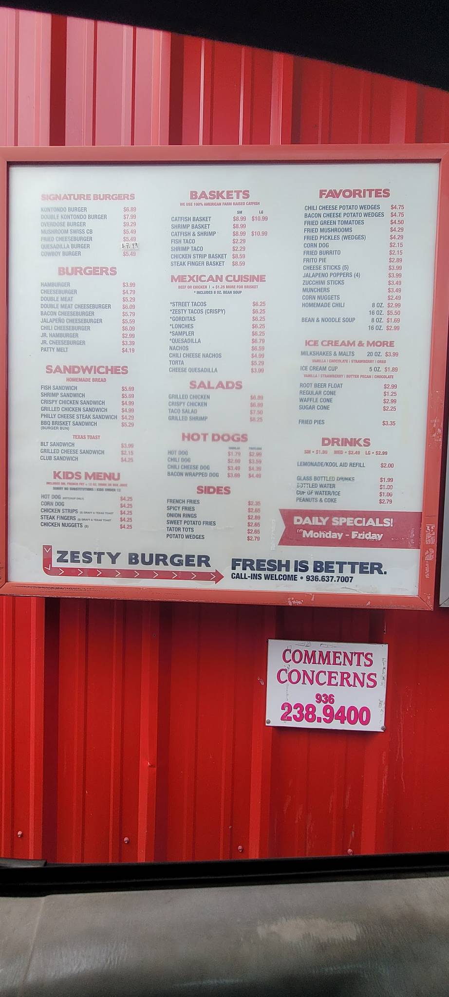 Menu at Zesty Burger fast food, Lufkin