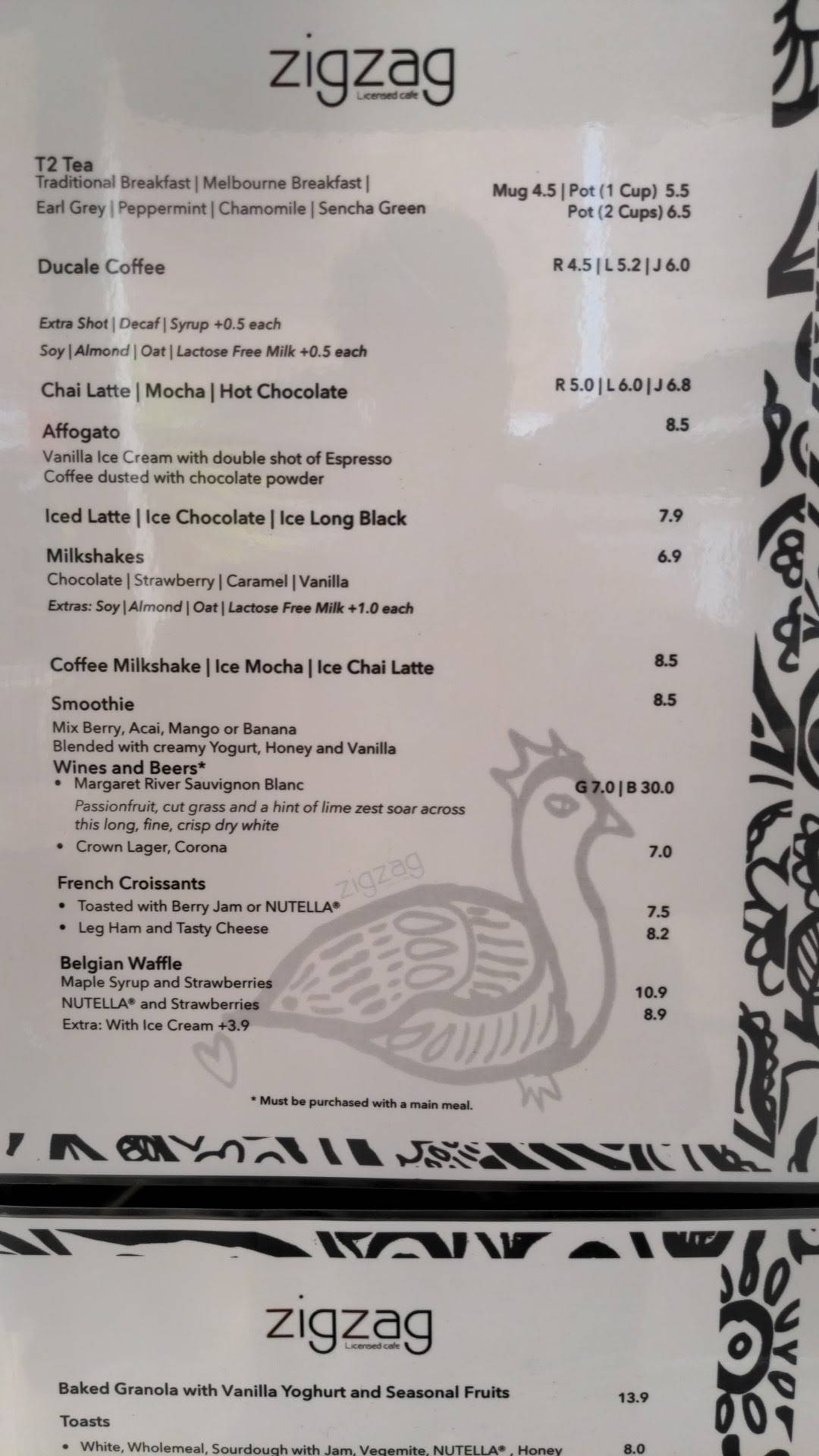 Menu at Zig Zag Licensed Cafe, Marsfield