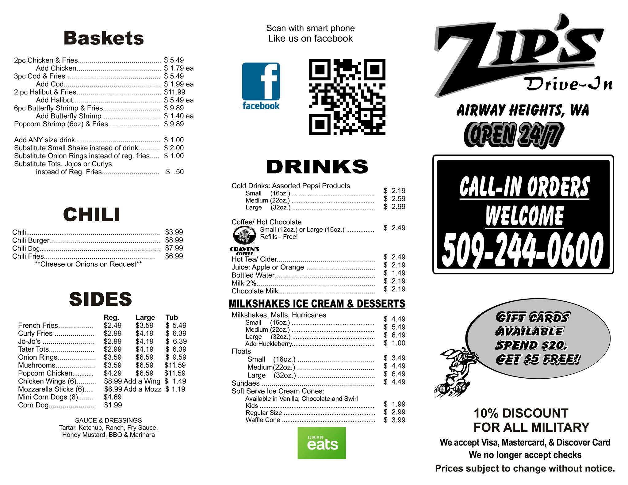 Menu at Zip's Drive-in - Airway Heights fast food, Airway Heights, W ...