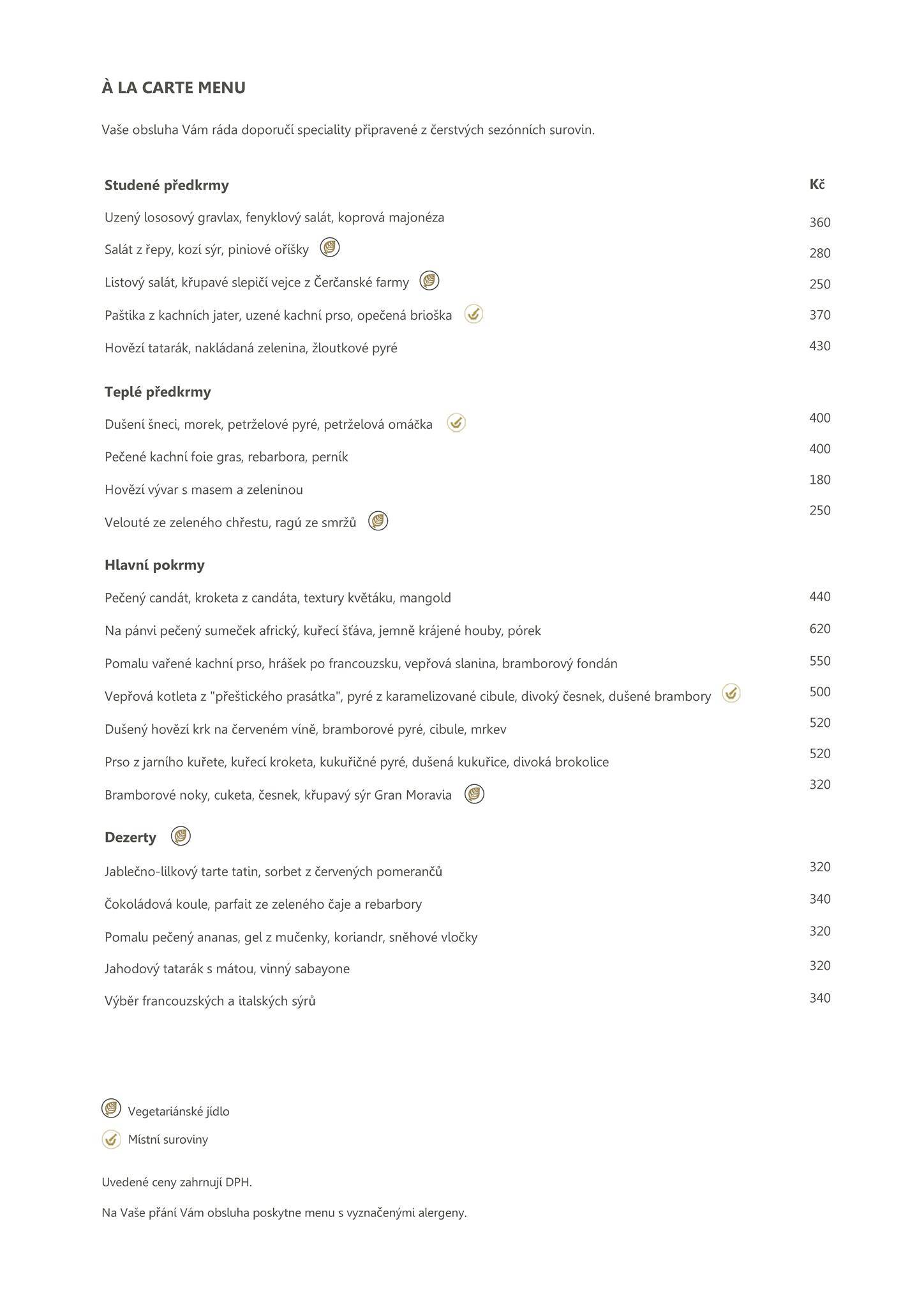 Menu at ZLATÁ PRAHA restaurant, Prague