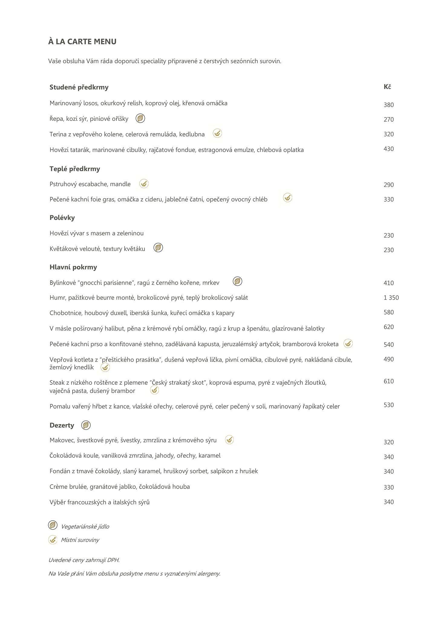 Menu at ZLATÁ PRAHA restaurant, Prague