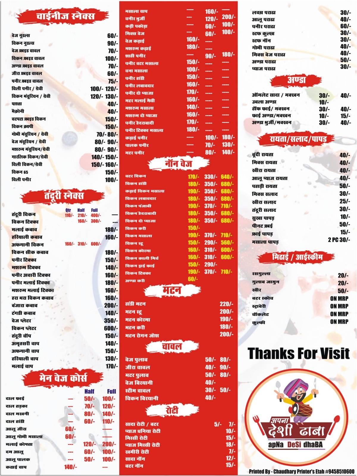Menu at apNa DeSi dhaBA, Nidholi Kalan