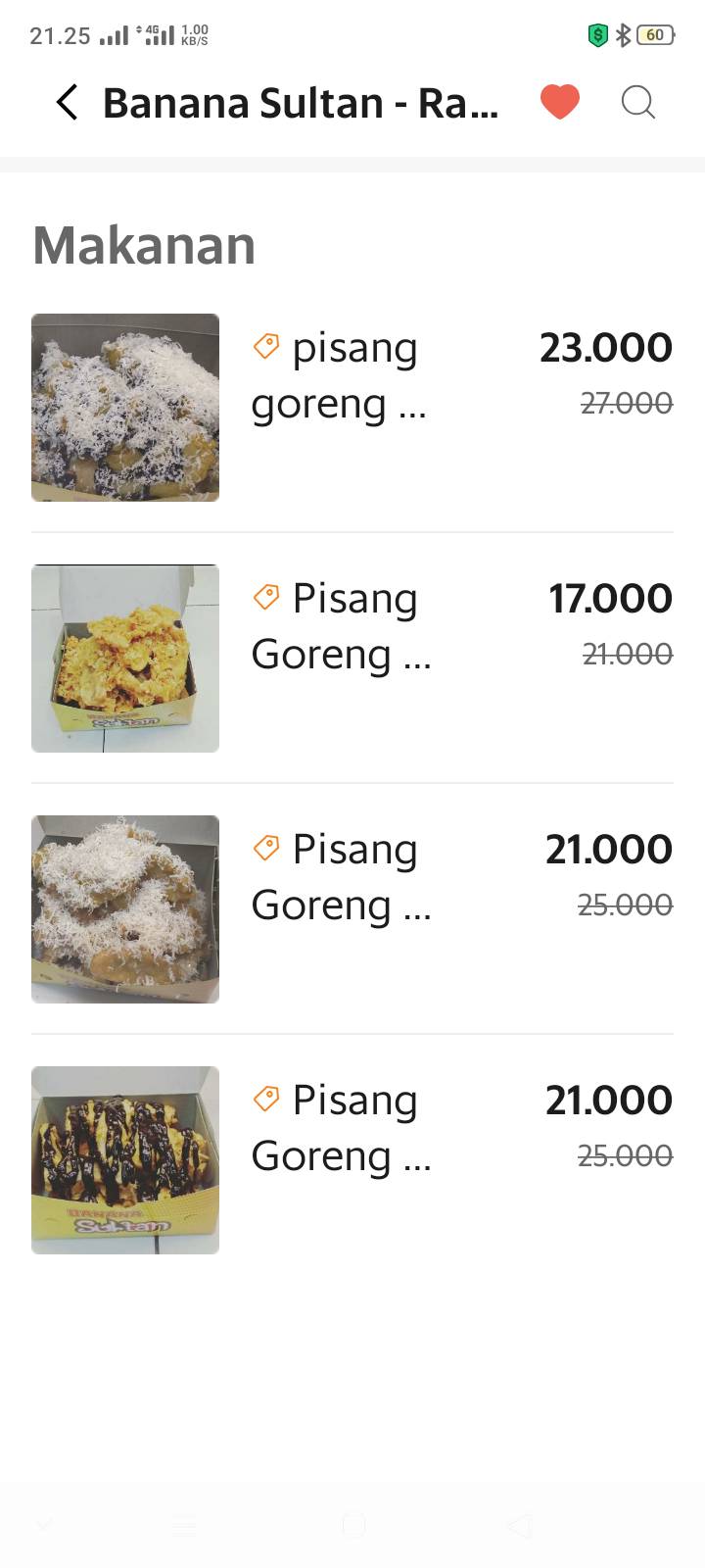 Carta del restaurante banana sultan 73, Bandung