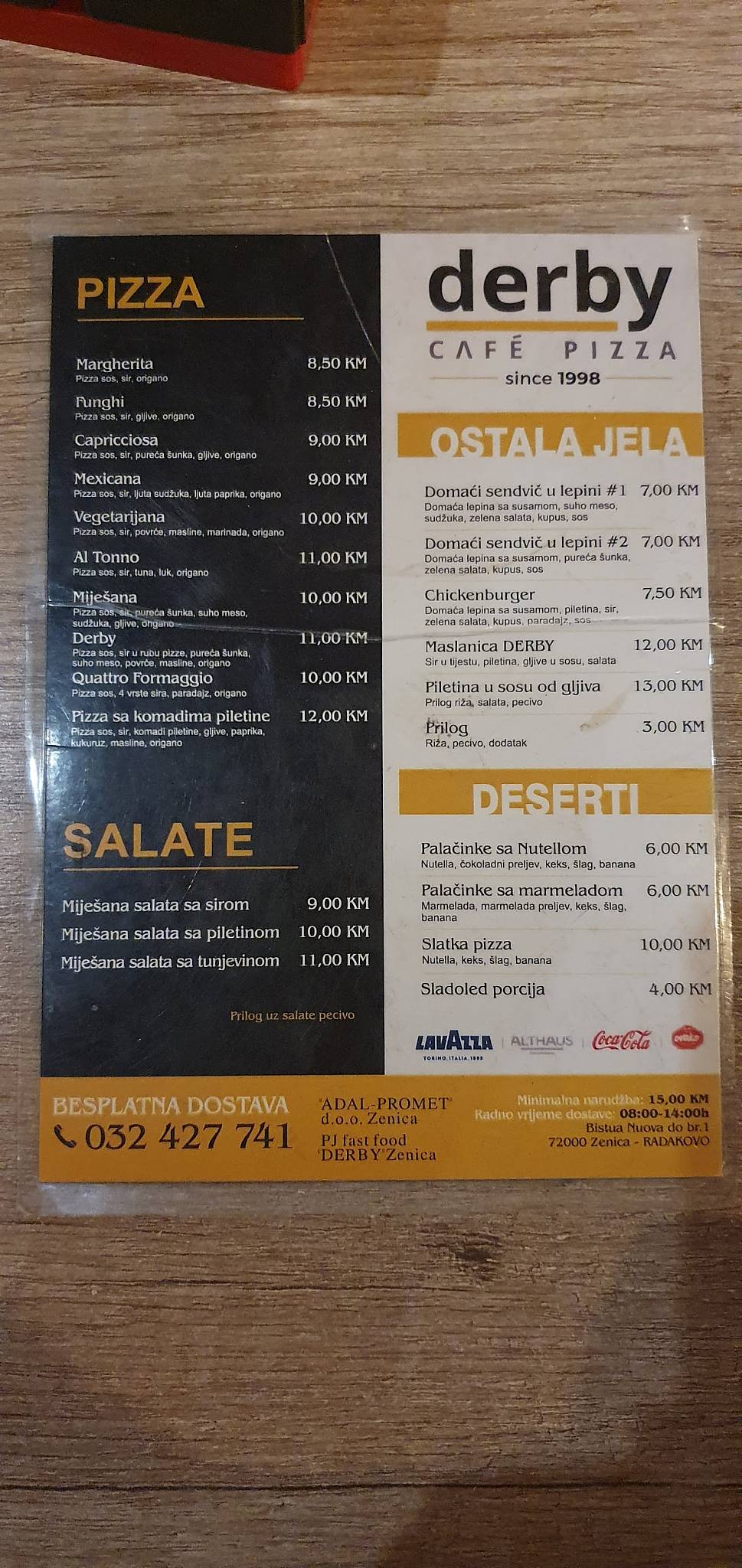 Menu at café pizza derby restaurant, Zenica