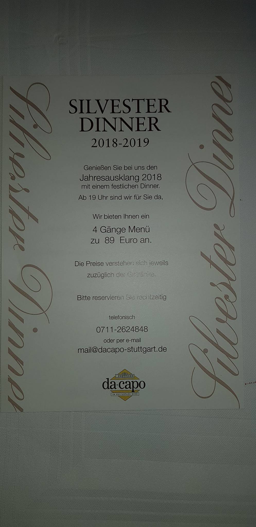 Menu at da capo restaurant, Stuttgart