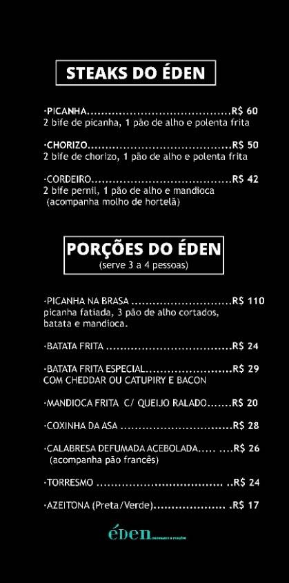 Menu em éden churrasco e porções restaurante, Avaré