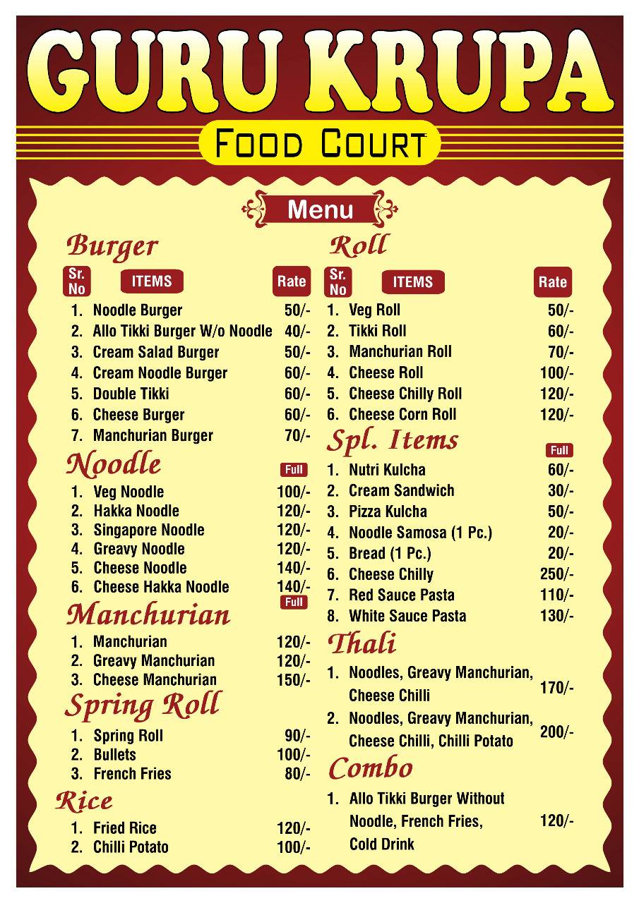 Menu at guru Krupa Food Court, Ludhiana