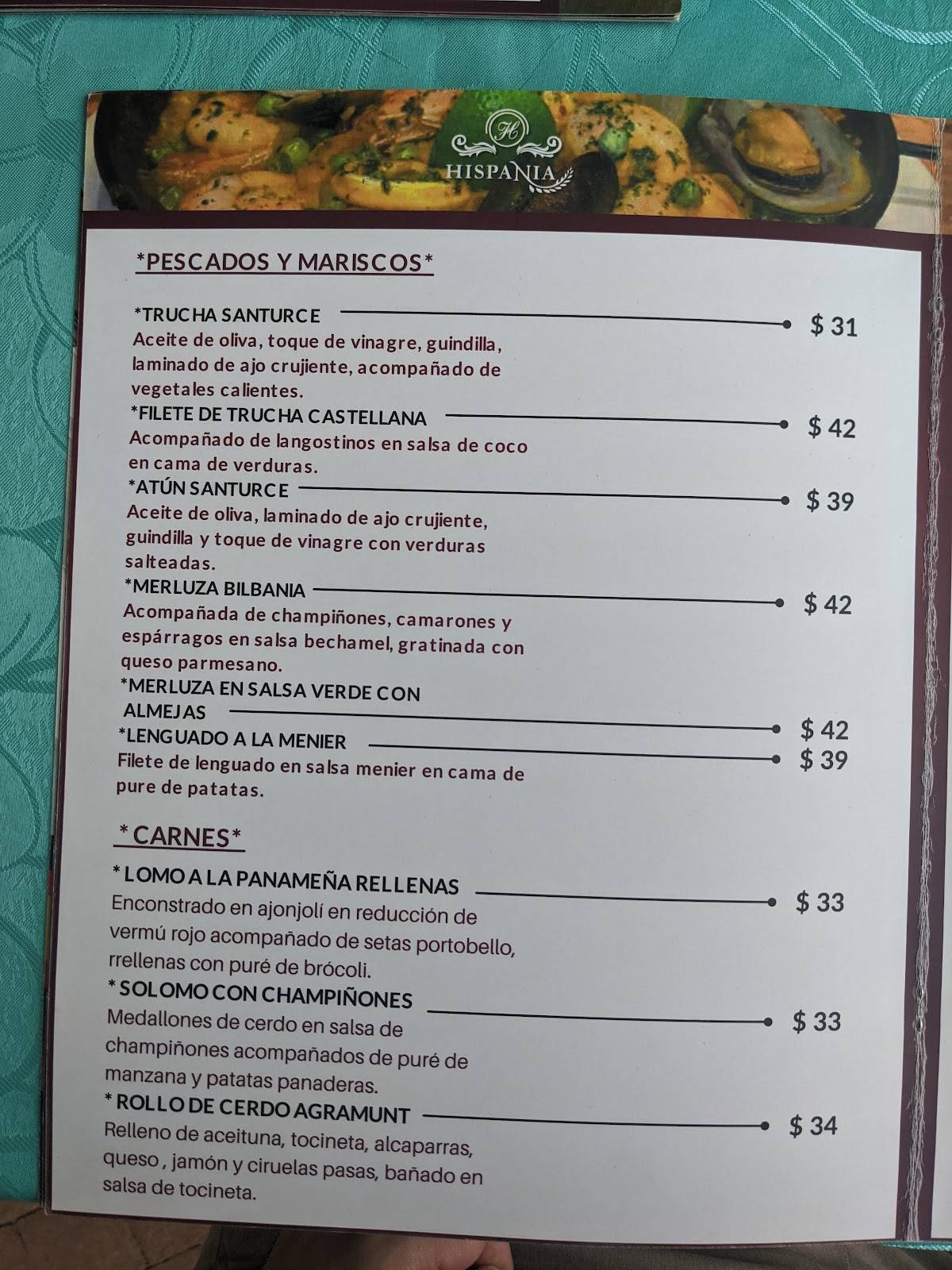 Menu at hispania restaurant, Pereira