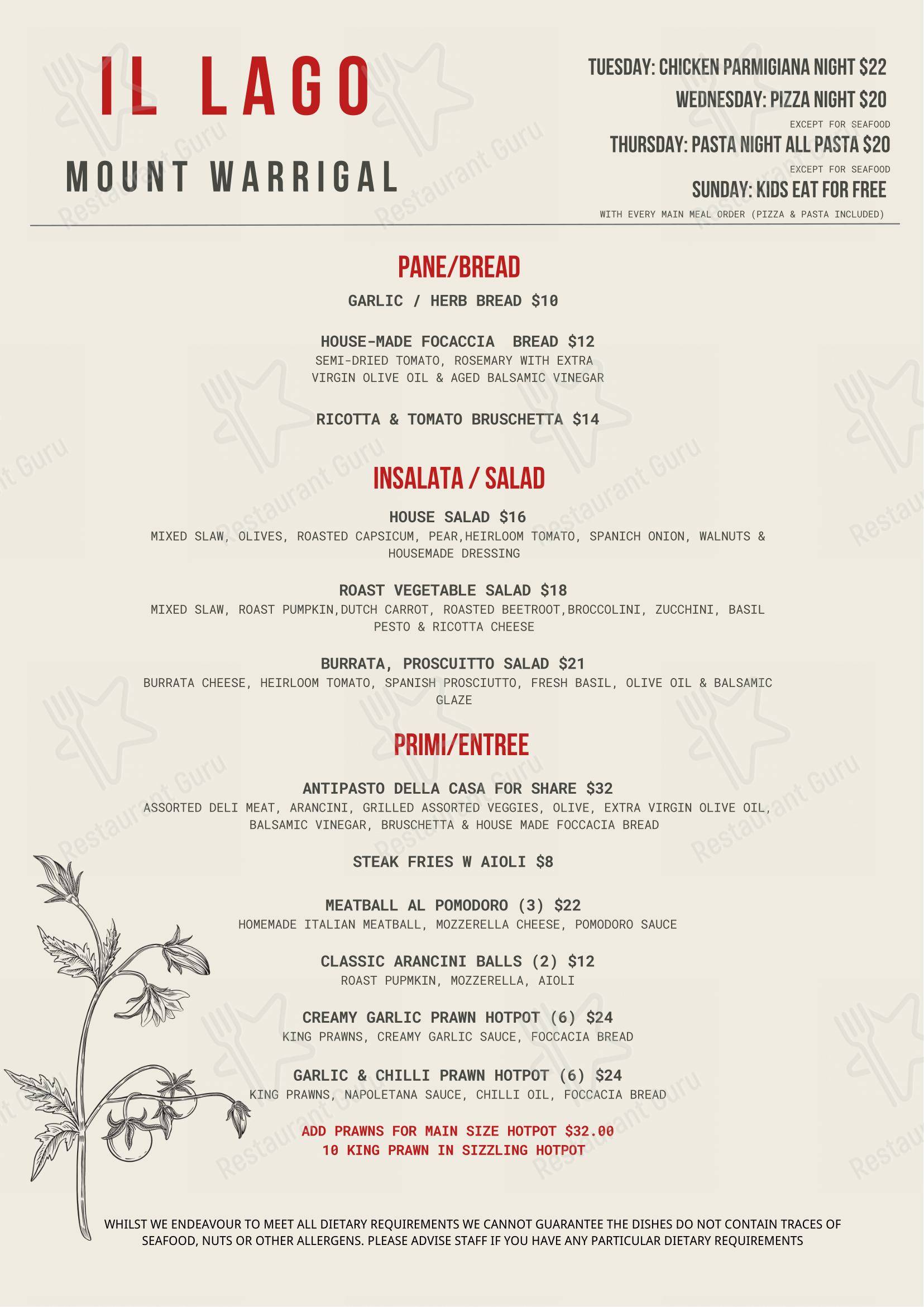 Carta de il lago pizzeria, Mount Warrigal