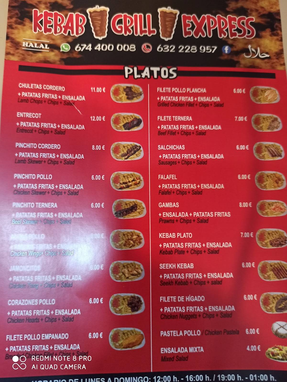 Carta del restaurante kebab grill express, San Luis del Sabinillas