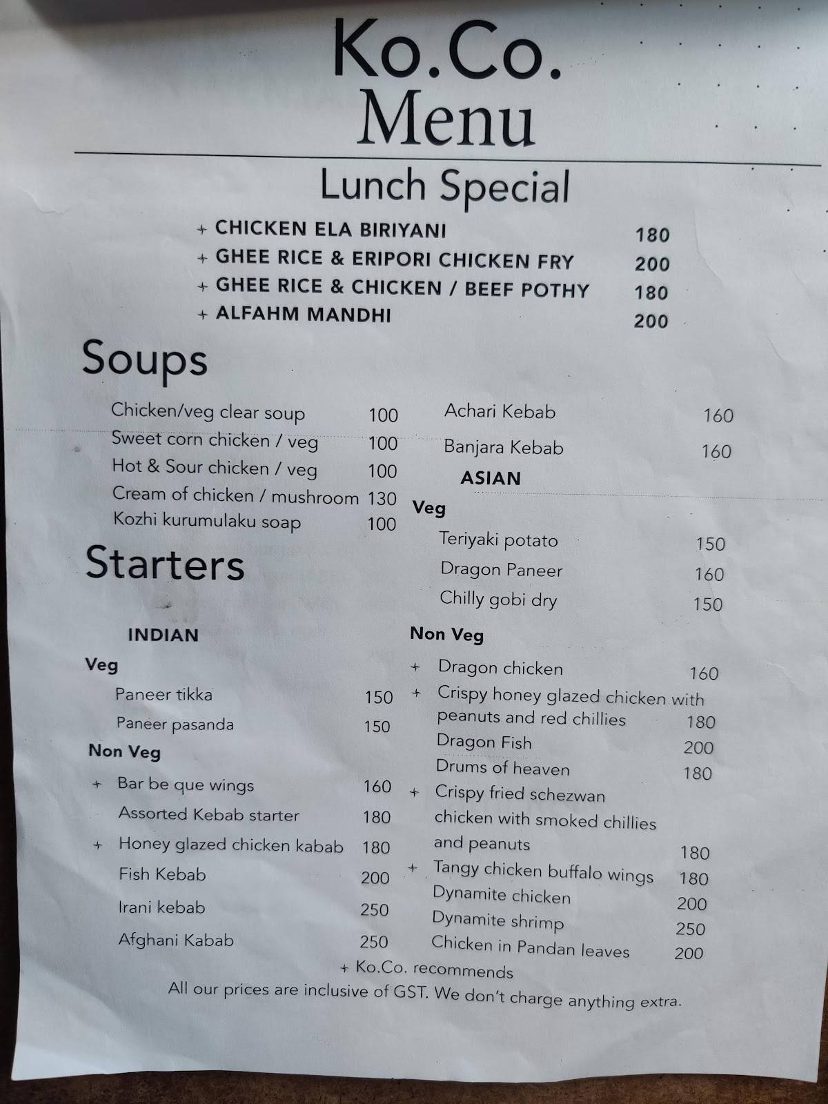 Menu at ko.co. kottayam company, Kottayam
