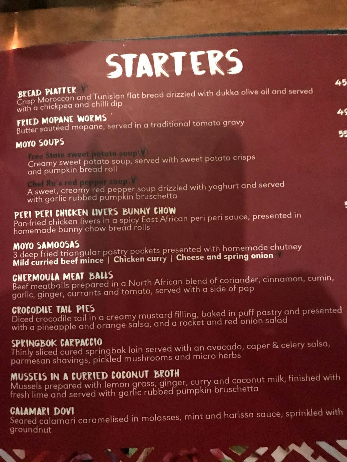 Menu at moyo Zoo Lake restaurant, Randburg