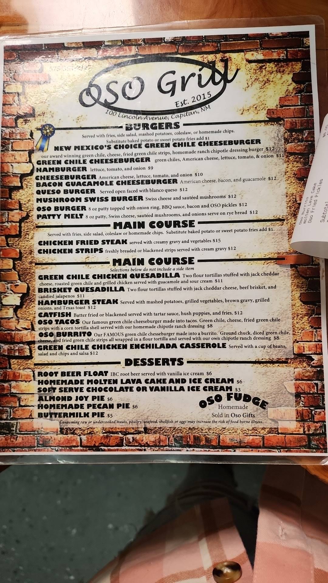 Menu at oso grill pub & bar, Capitan