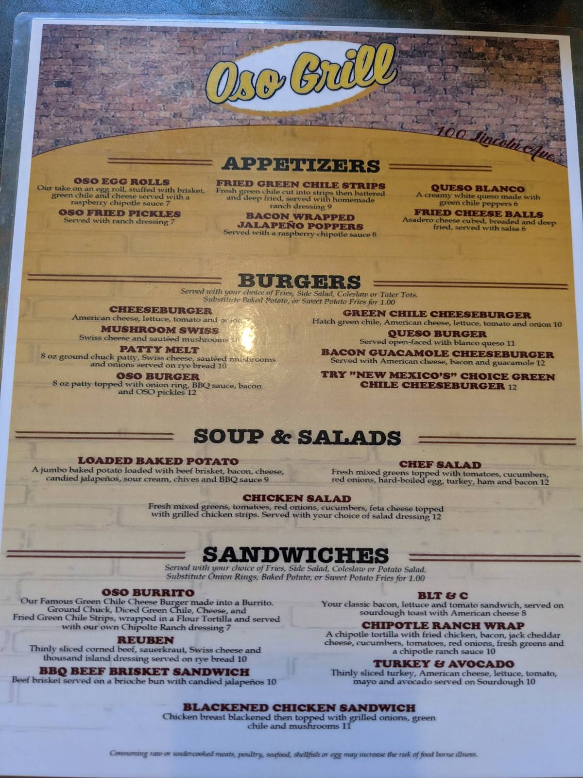 Menu at oso grill pub & bar, Capitan
