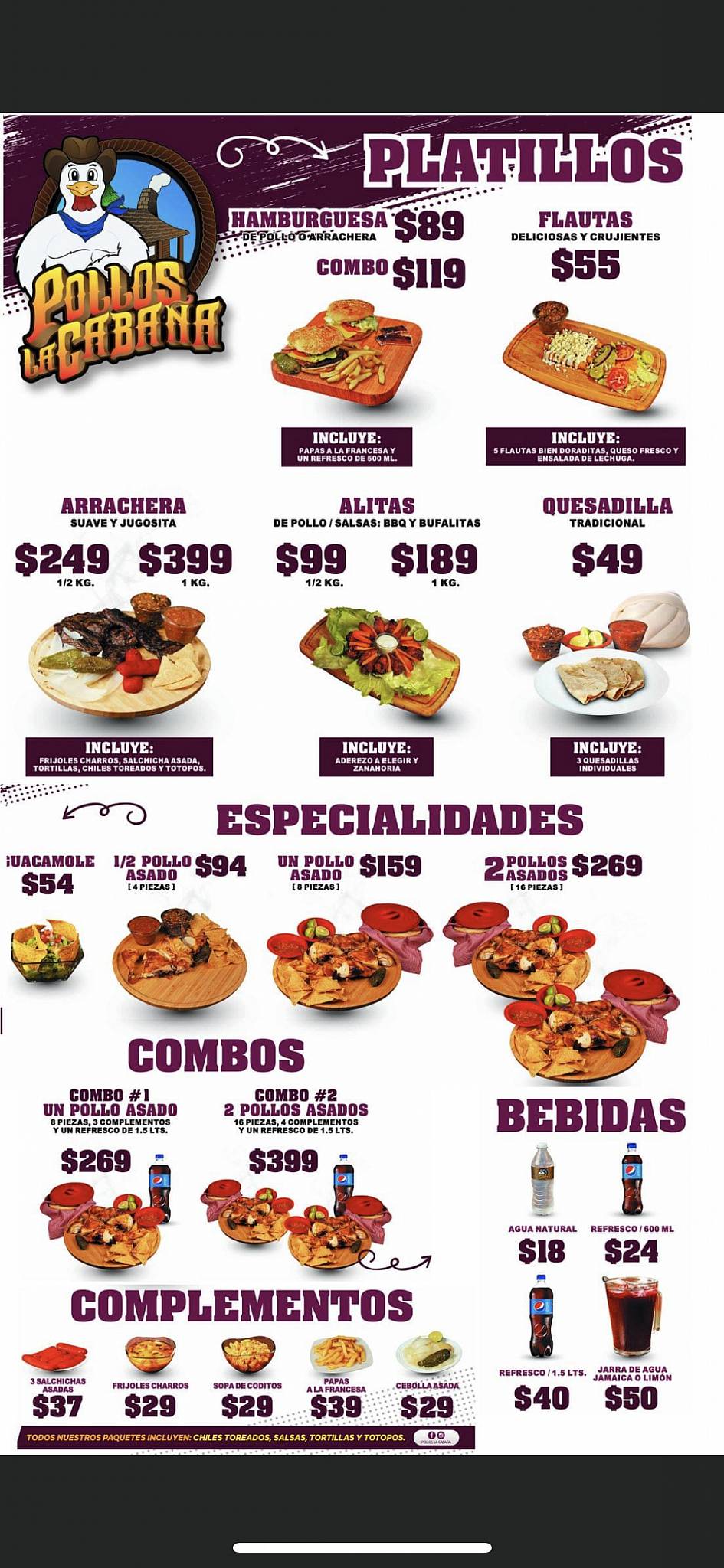 Menu at pollos la cabaña Romulo Garza restaurant, San Nicolás de los Garza