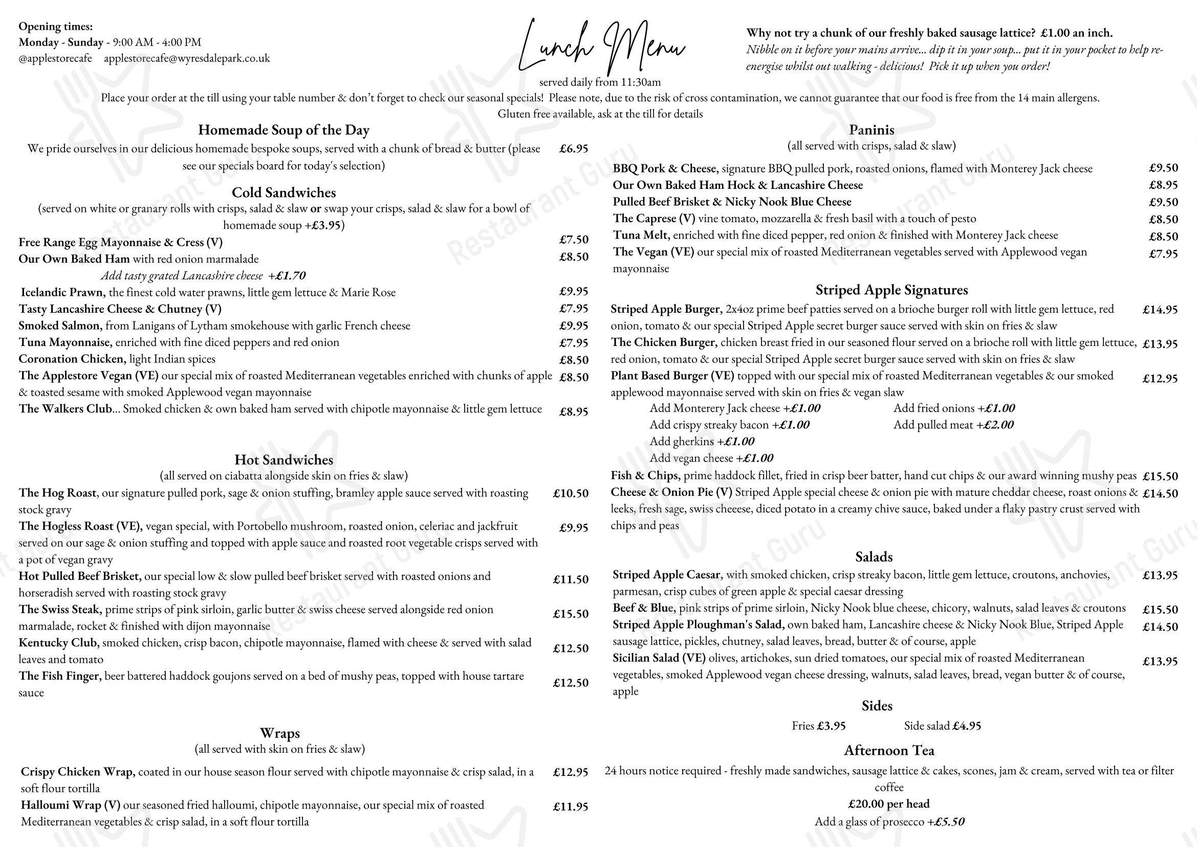 Menu at Applestore Cafe, Scorton