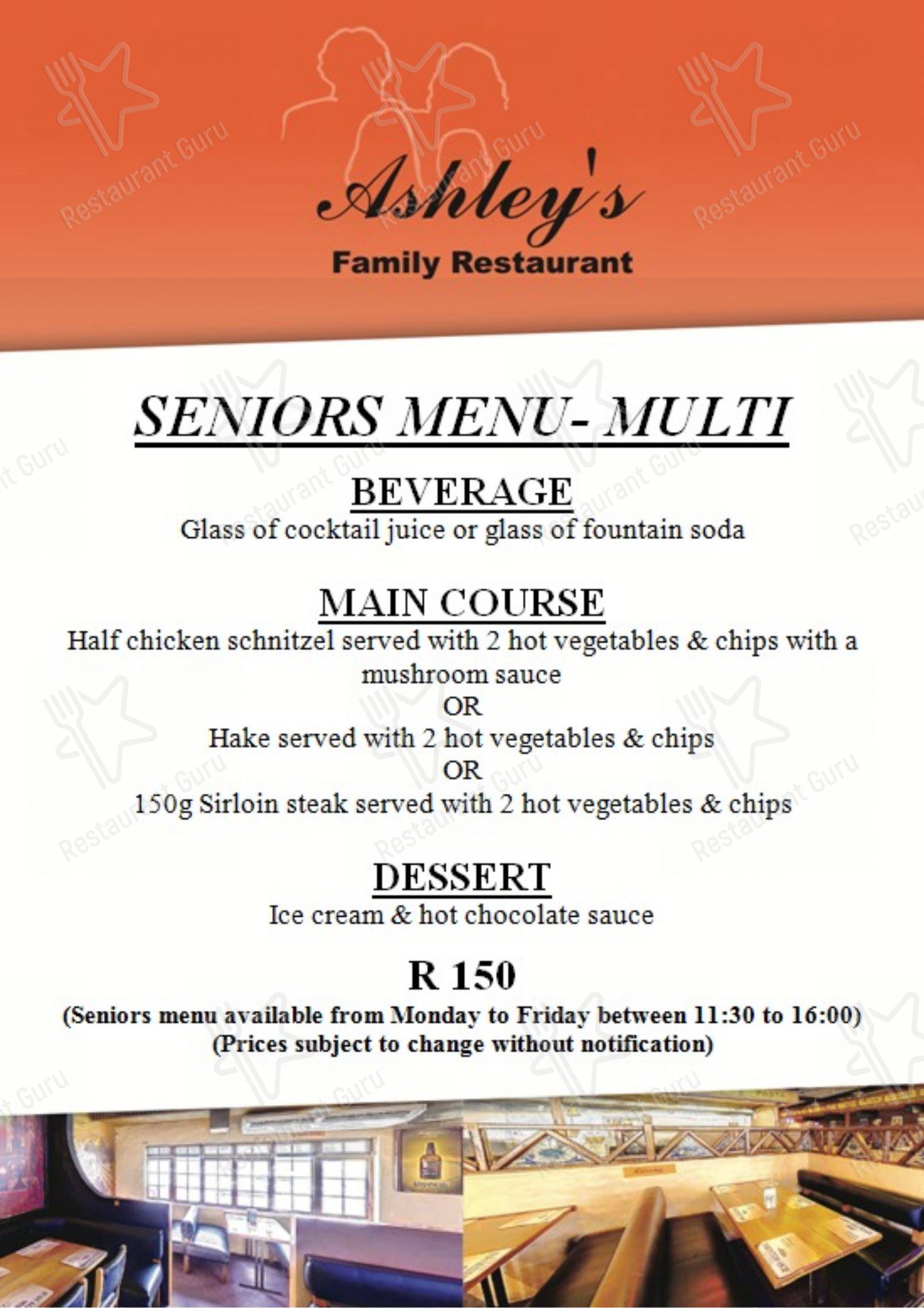 Menu at Ashley's Family Restaurant, Cape Town, 123 Voortrekker Rd