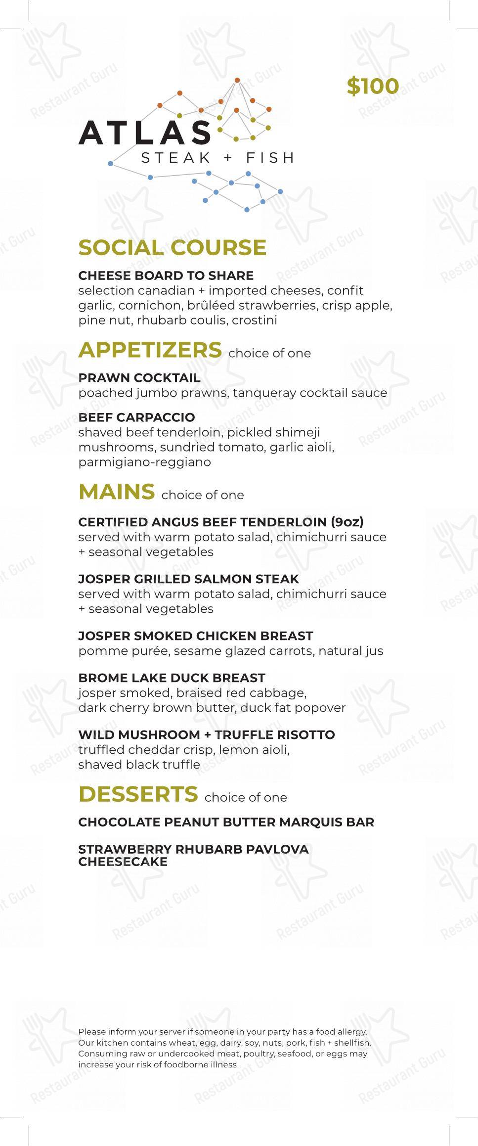 Menu at Atlas Steak + Fish pub & bar, Burnaby