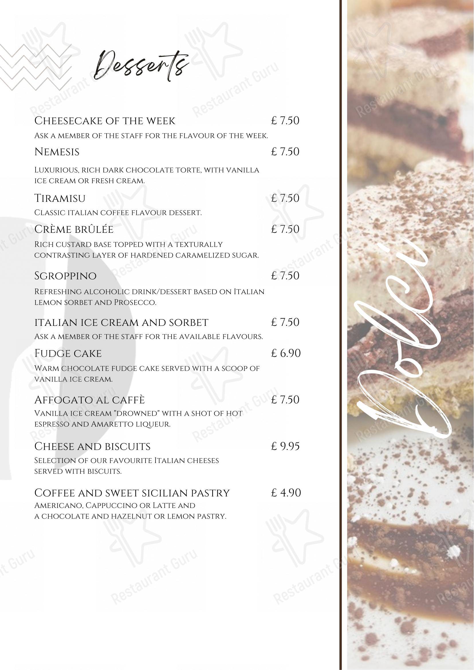 Menu at Bellini Italian restaurant, Mandurah