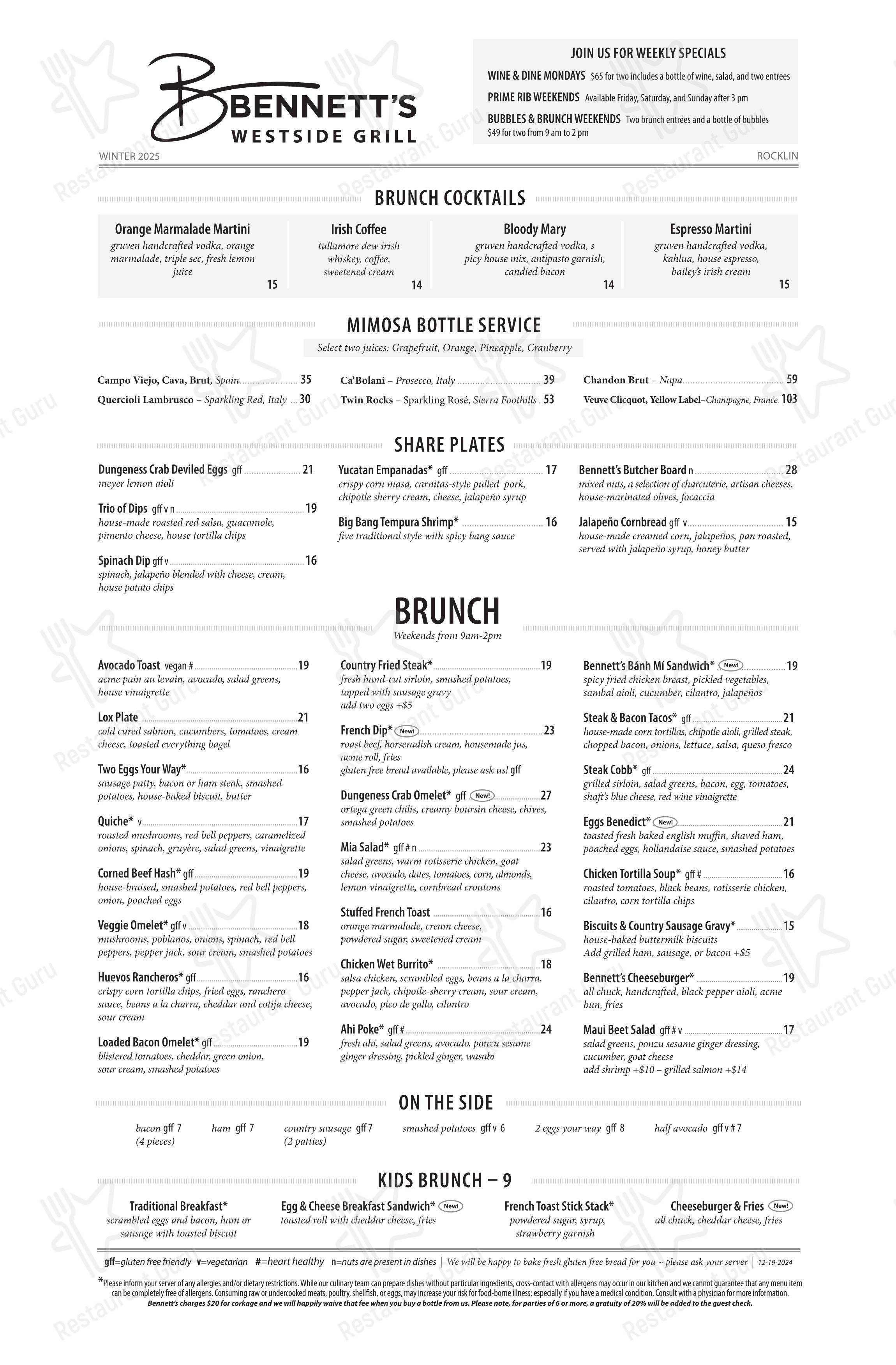 Menu at Bennett's Kitchen Bar Market, Roseville