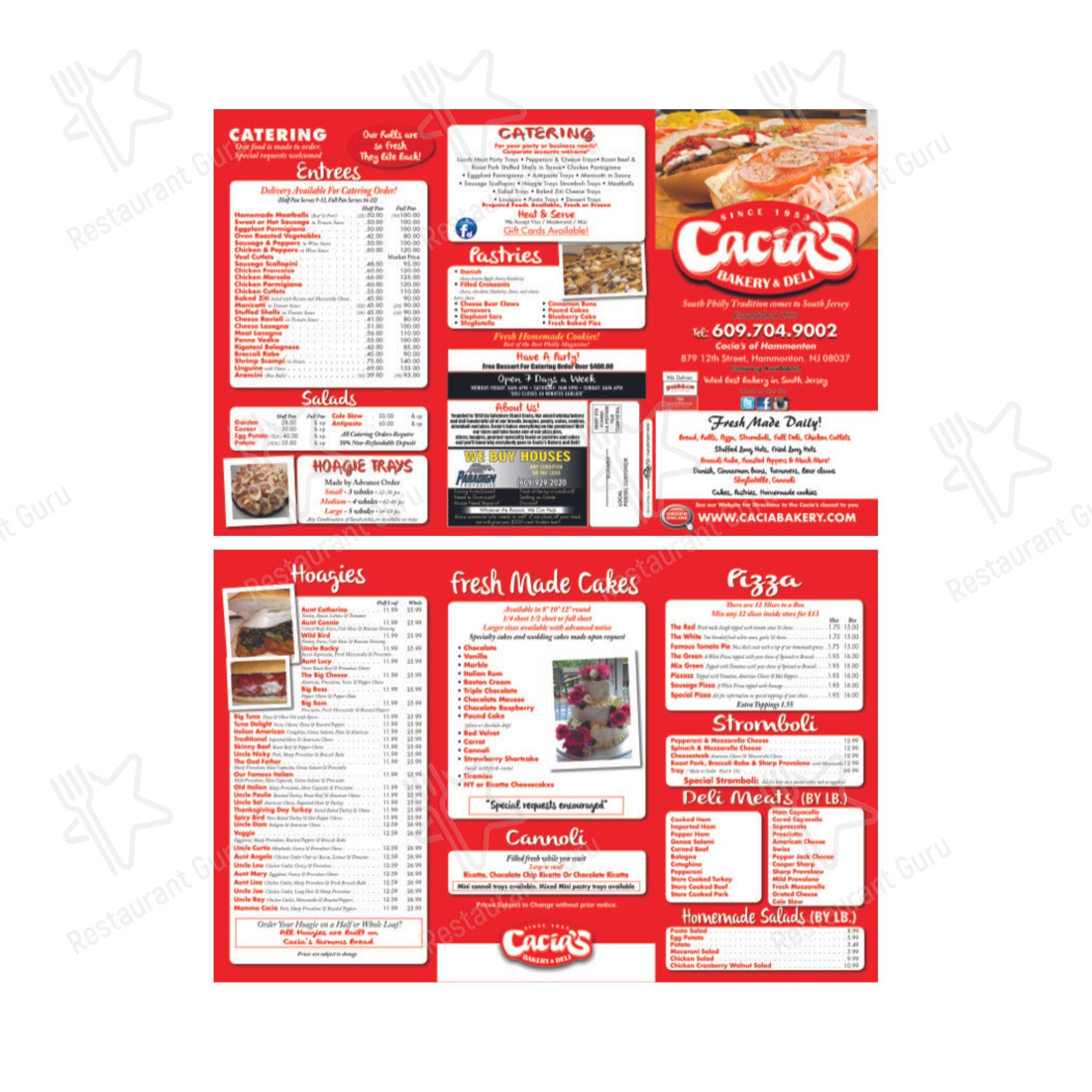 Menu at Cacia's Bakery - Hammonton, Hammonton