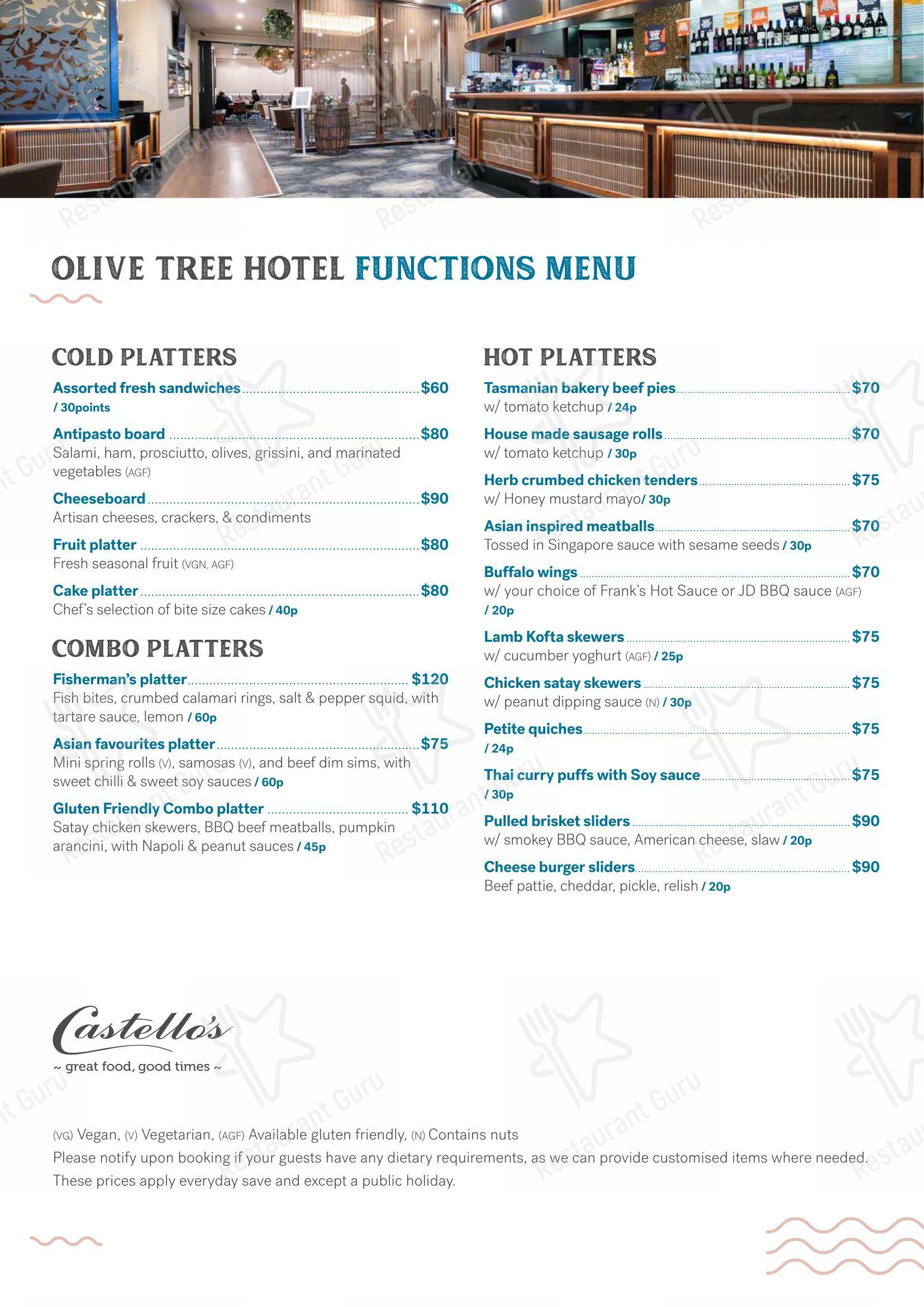 Menu at Castello's Olive Tree Hotel pub & bar, Sunbury