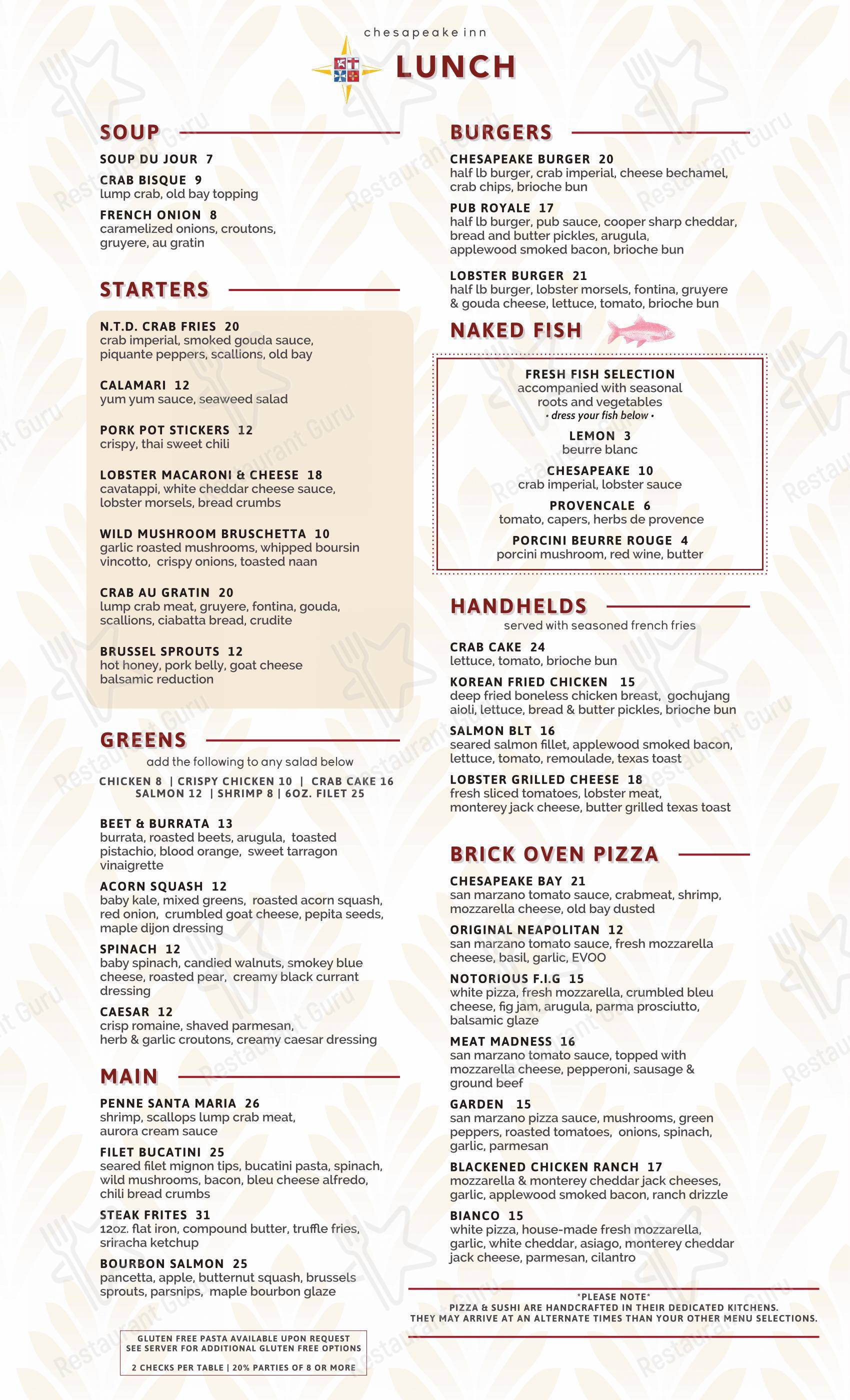 Menu at Chesapeake Inn Restaurant & Marina, Chesapeake City