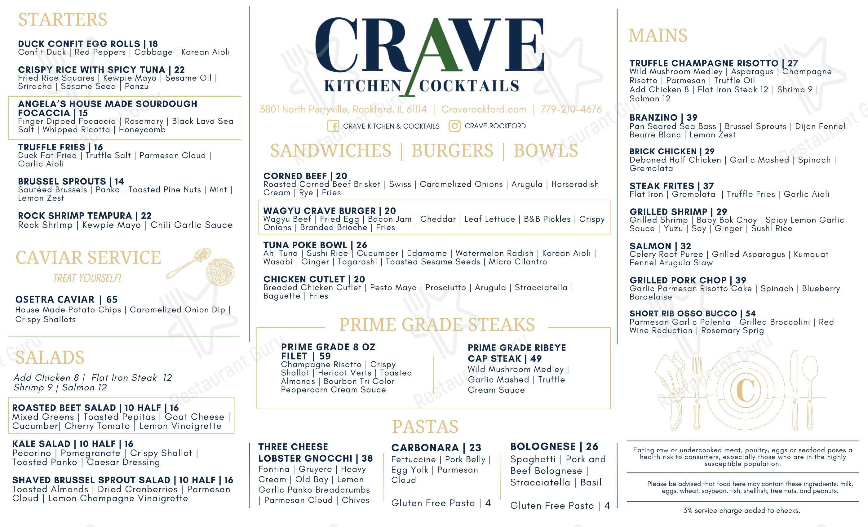 Menu at Crave Kitchen & Cocktails restaurant, Rockford