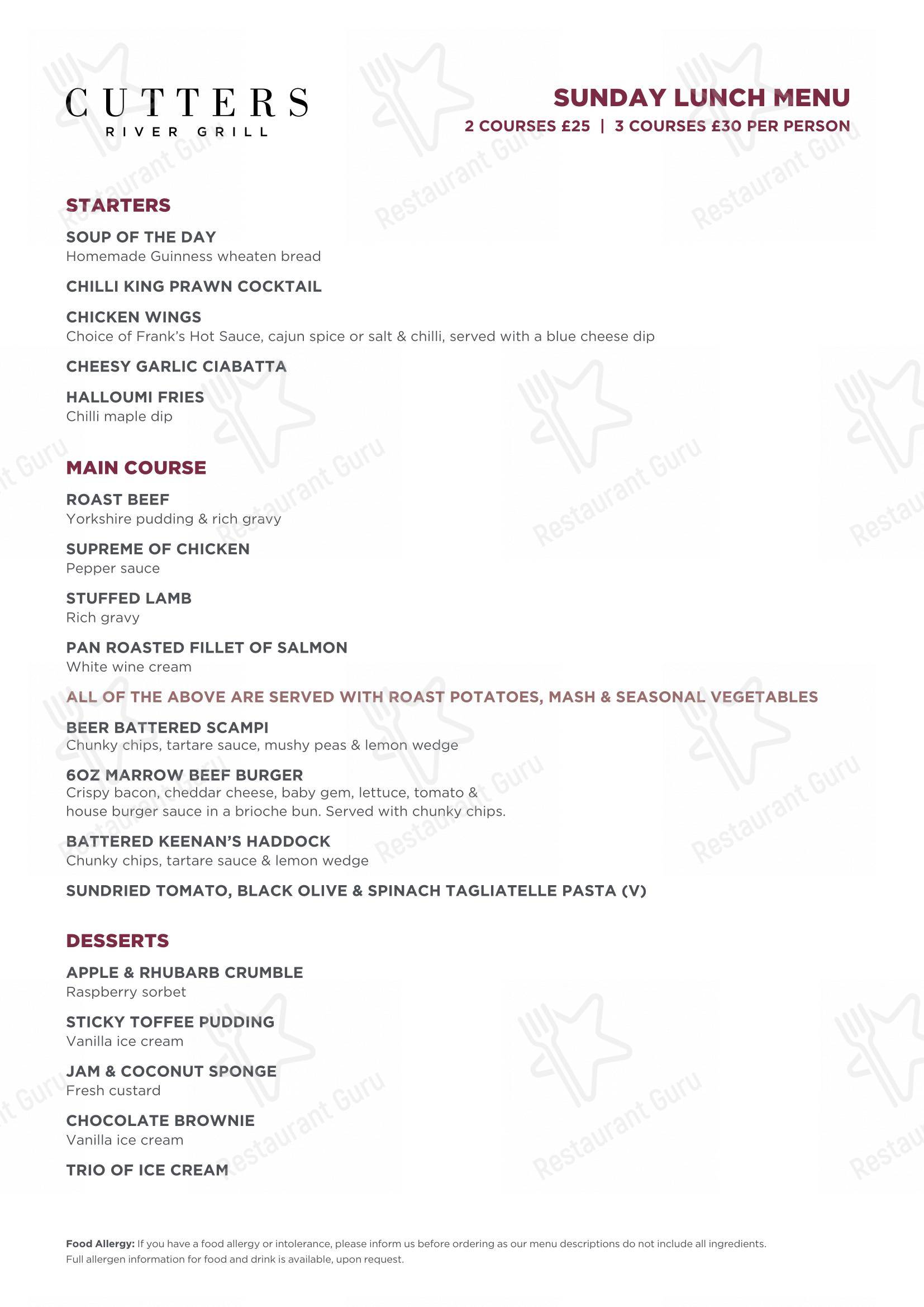 Menu at Cutters Wharf pub & bar, Belfast