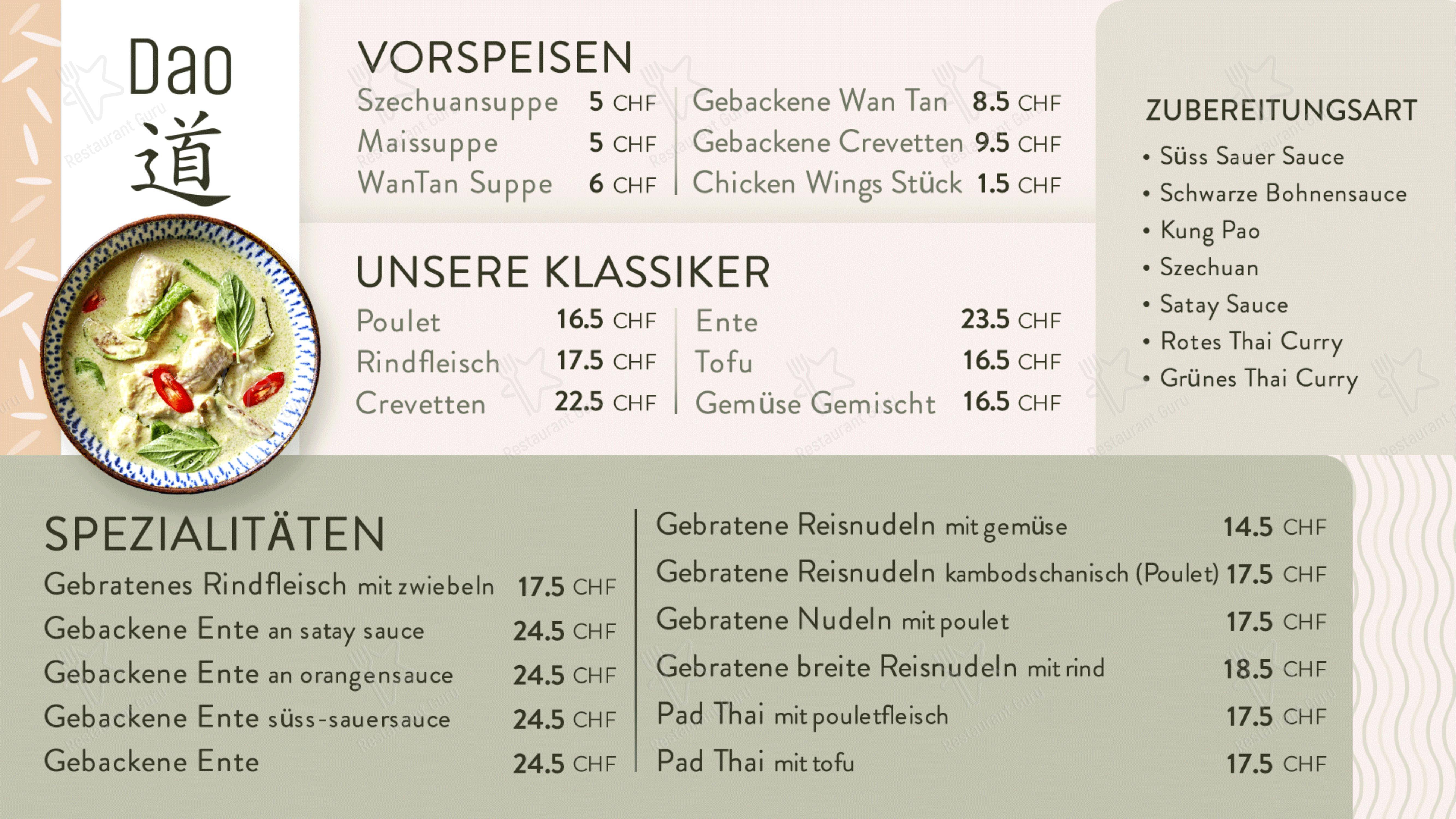 Menu at Dao, Aarau