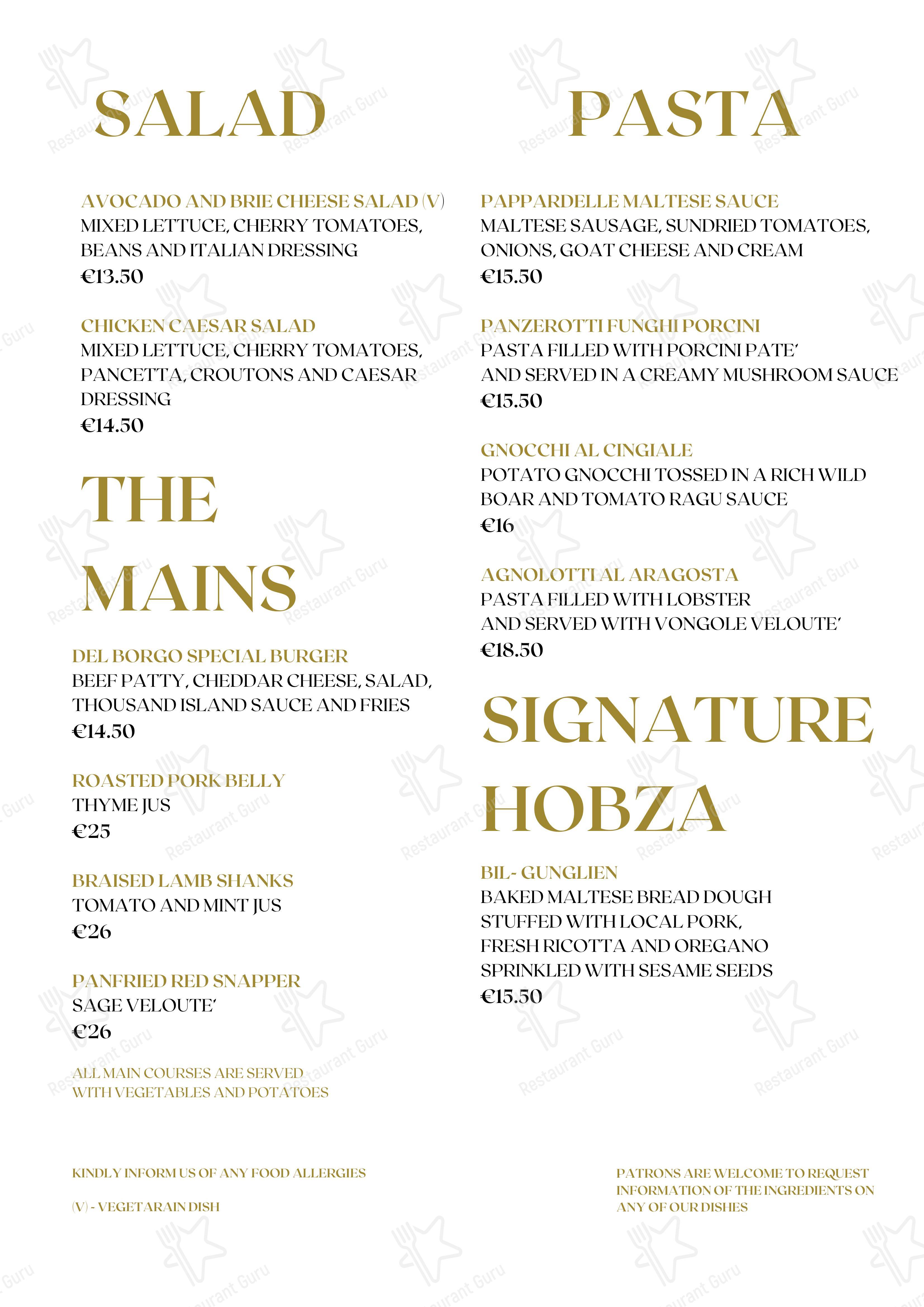 Menu at Del Borgo restaurant, Birgu, 33 San Duminku
